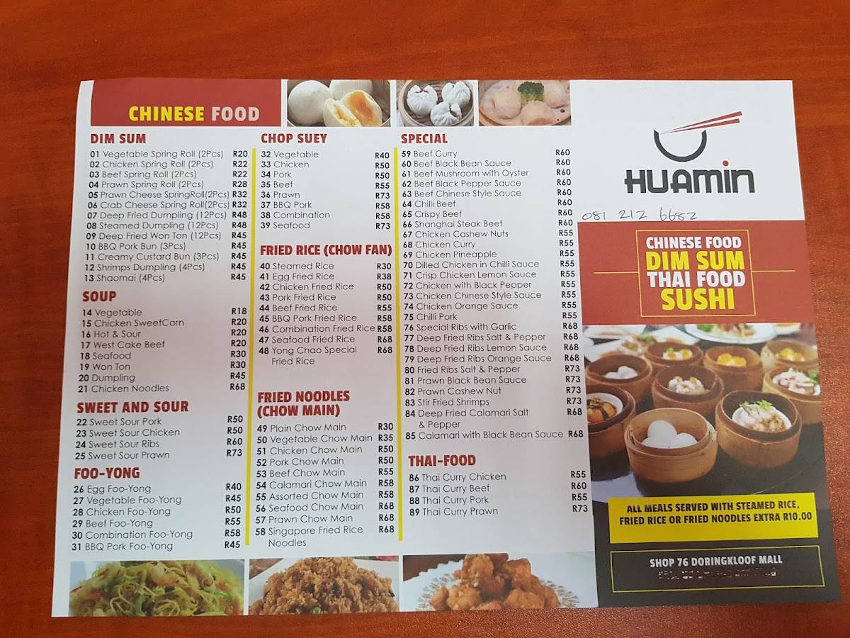 Menu at Huamin restaurant, Centurion