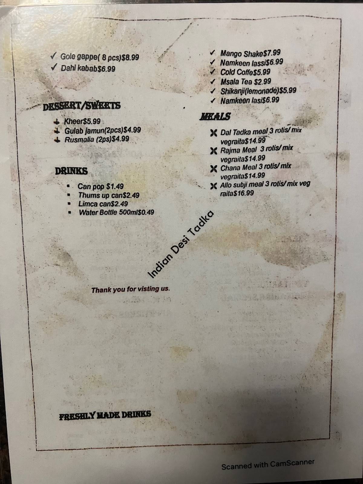Menu au INDIAN DESI TADKA restaurant, Calgary