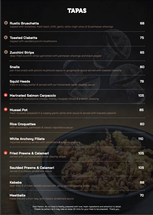 Menu at V8 Lounge & Skybar, Hartbeespoort