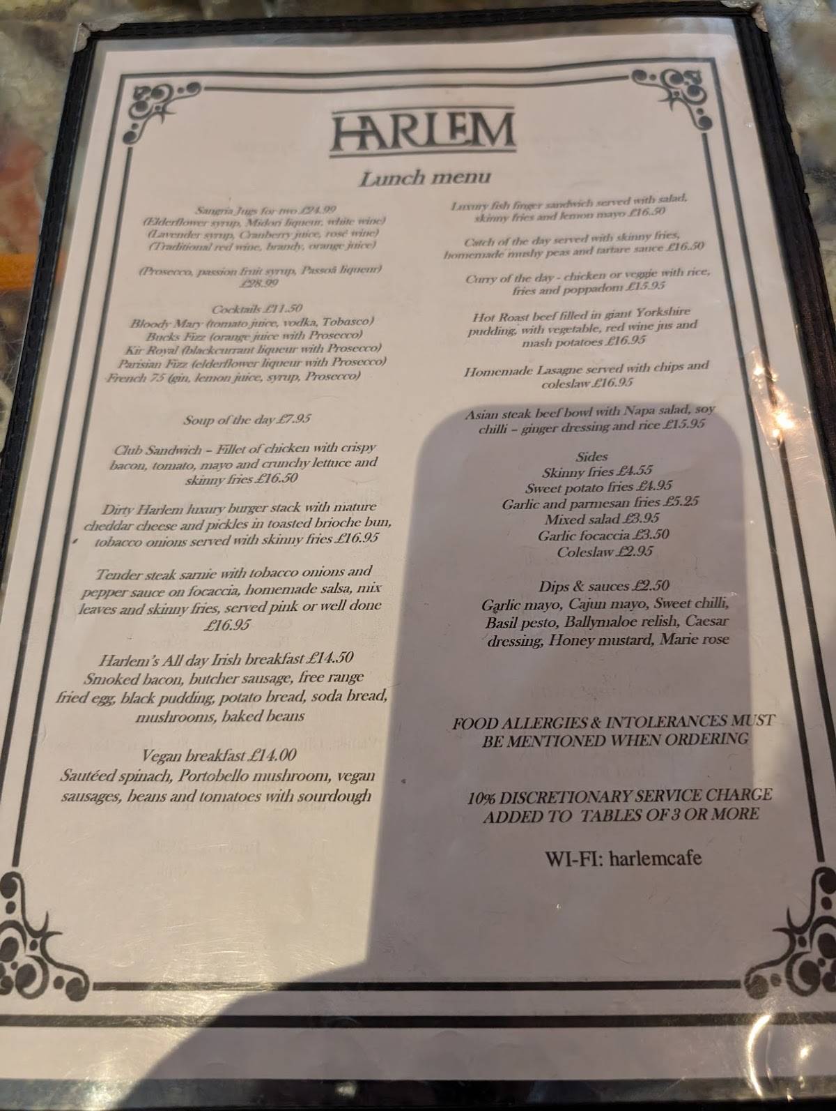 Menu at Igor Toth restaurant, Belfast