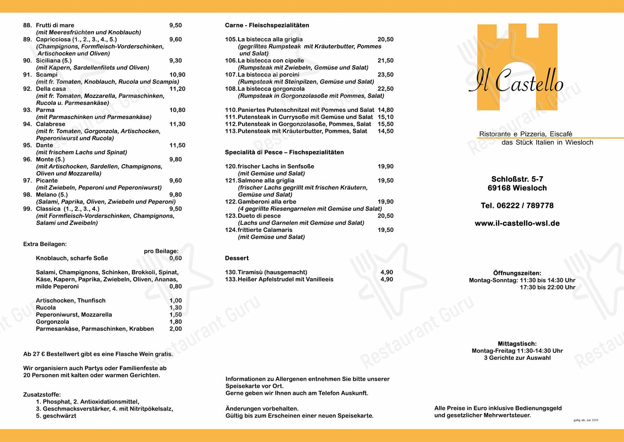 Carta del restaurante Il Castello, Wiesloch