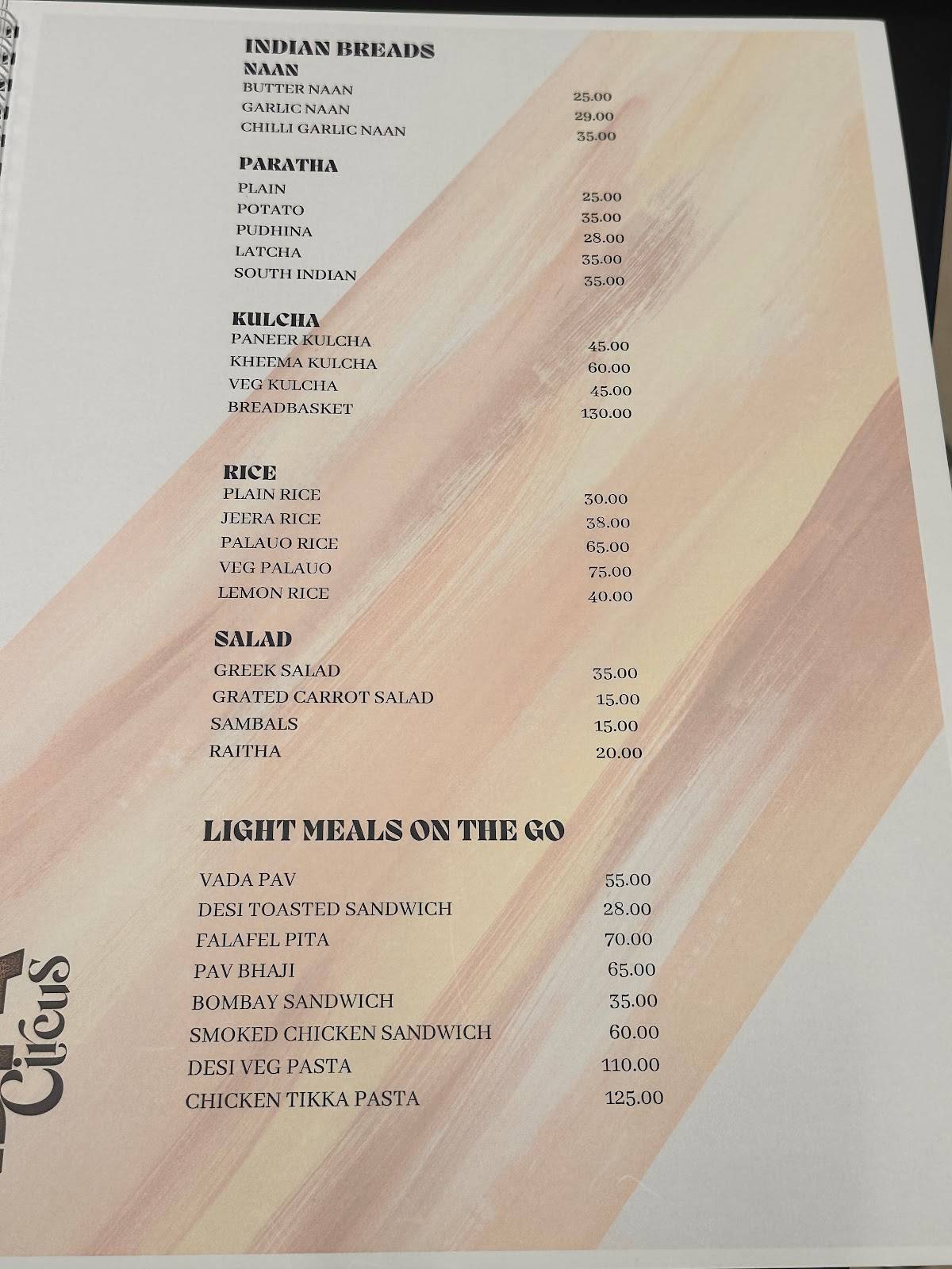 Menu at Indya Circus (Indian Restaurant), Umhlanga