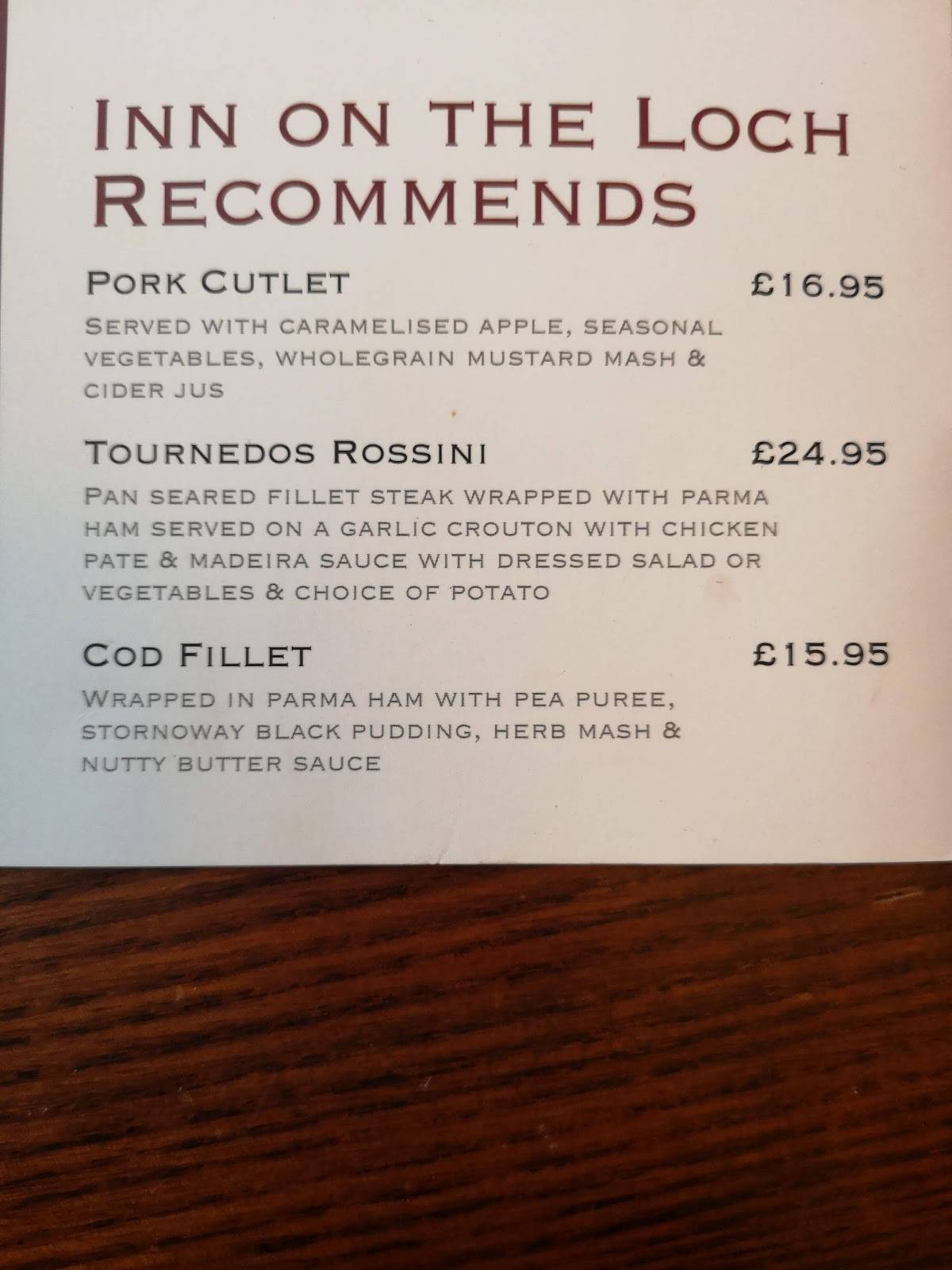 Menu at Inn On The Loch restaurant, Lanark