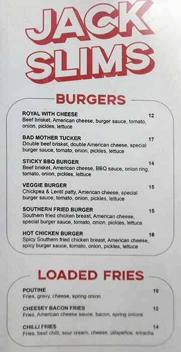 Menu at Jack Slims restaurant, Melbourne