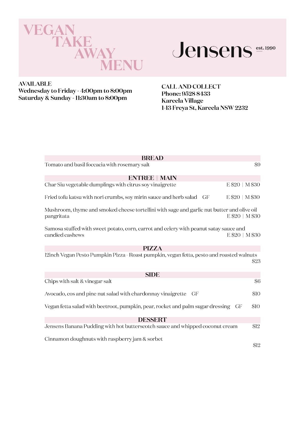 Menu at Jensens Restaurant, Kareela