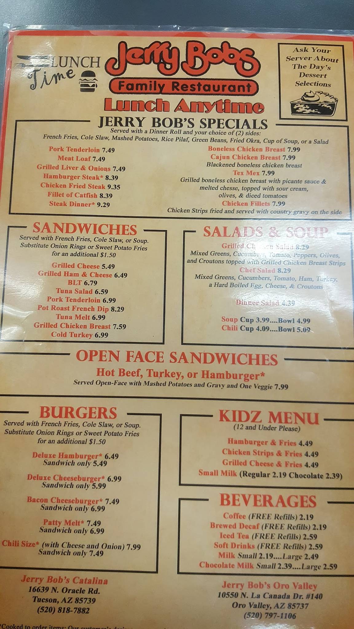 Menu at Jerry Bob's Family Restaurant, Oro Valley, N La Cañada Dr #140