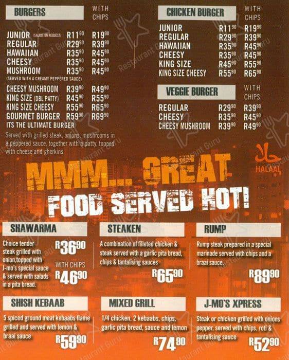 Menu at Jmos Musgrave restaurant, Berea, Durban