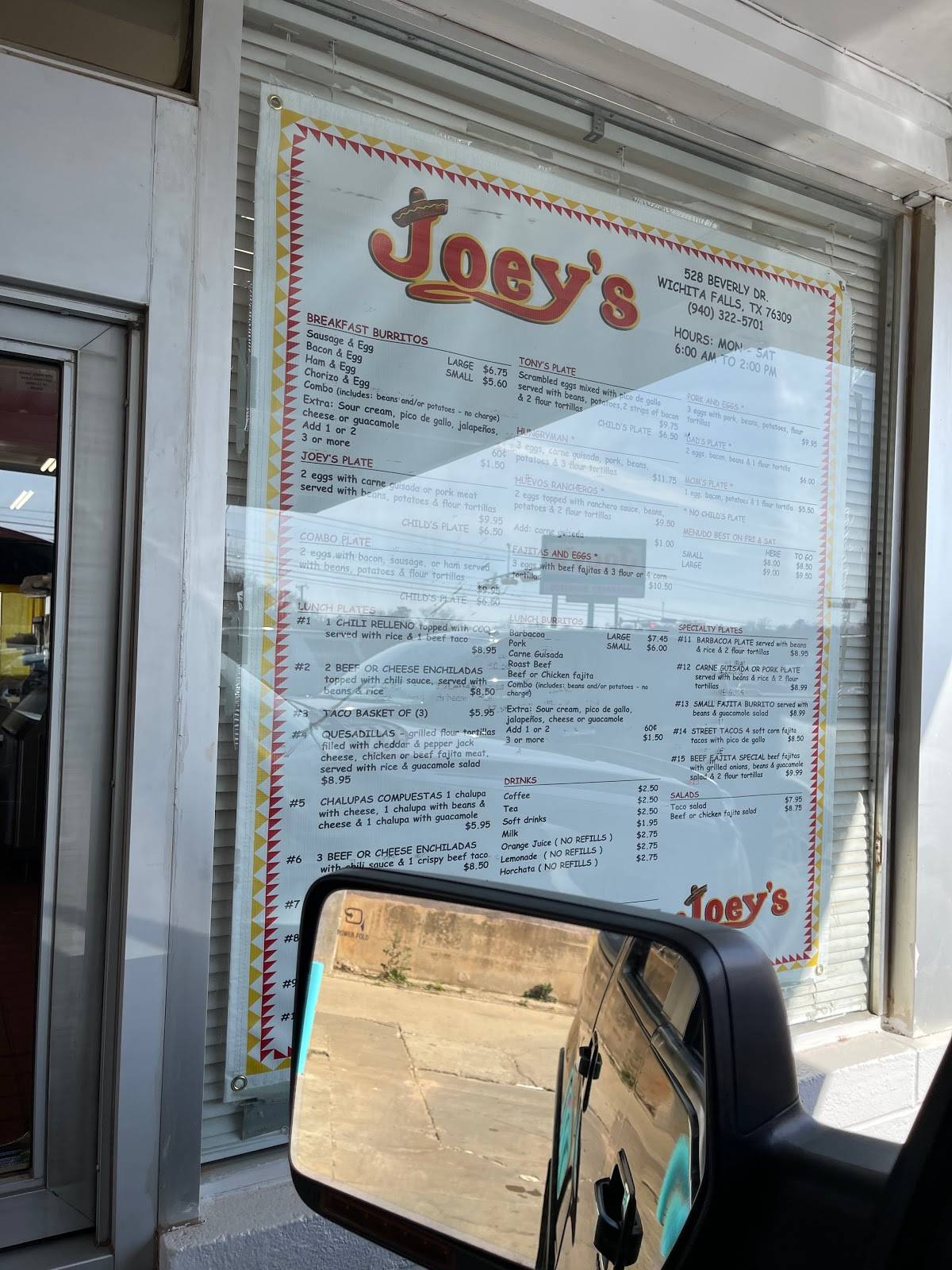 Menu at Joey's restaurant, Wichita Falls, 528 Beverly Dr