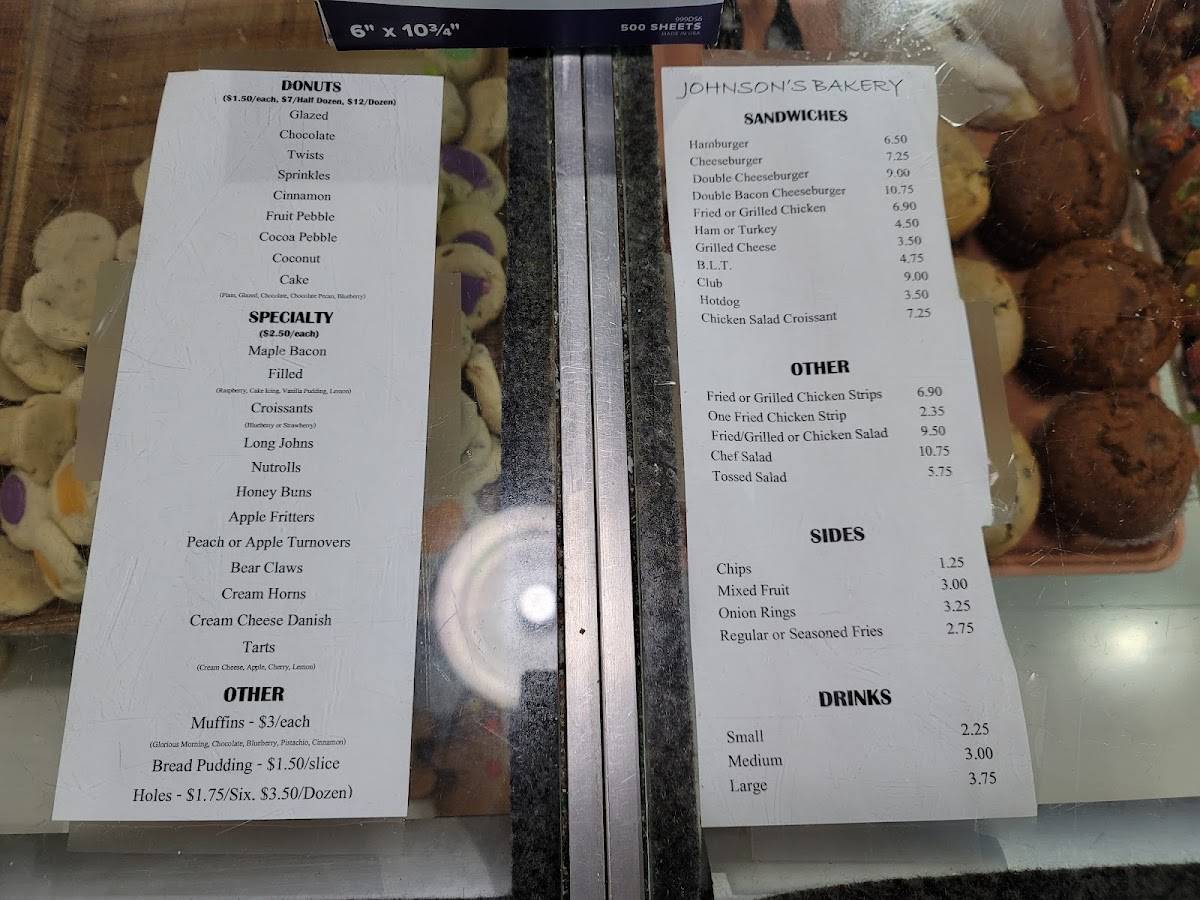 Menu at Johnson's Bakery, Perry