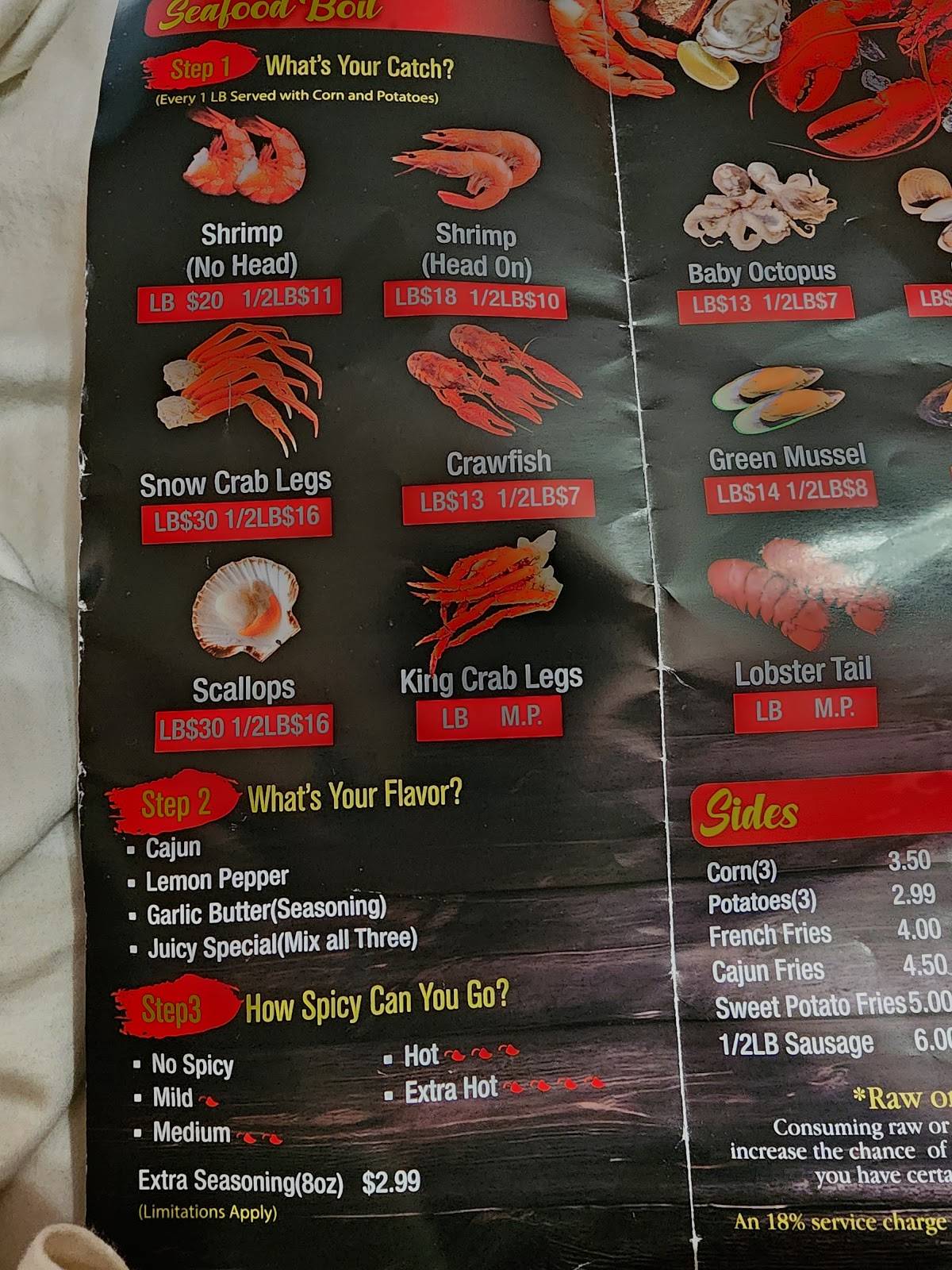 Menu at Juicy Seafood restaurant, South Boston