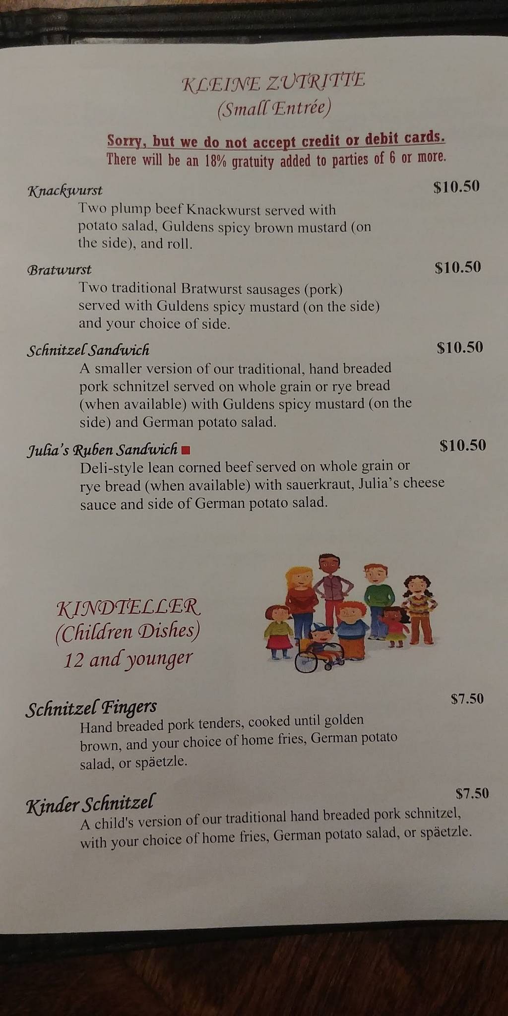 Menu at Julia's German Stammtisch restaurant, Columbia, 120 ...