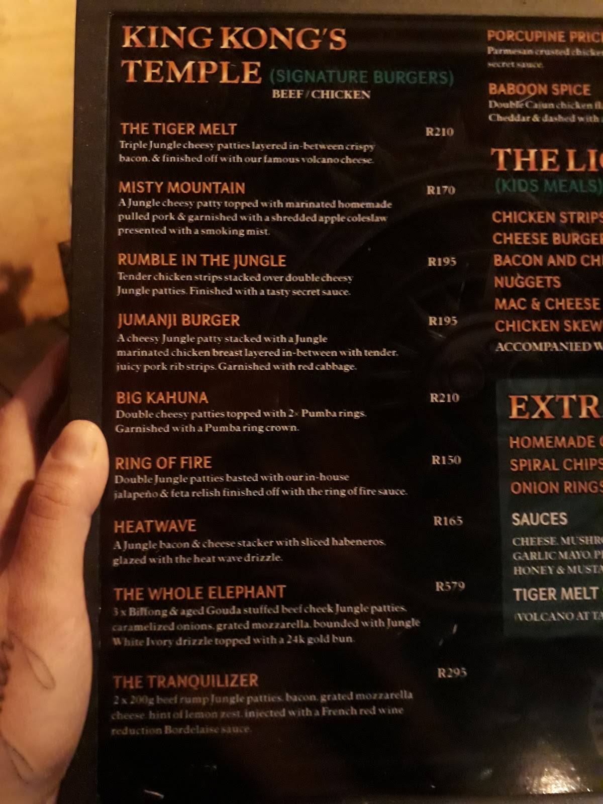 Menu at Jungle restaurant, Johannesburg