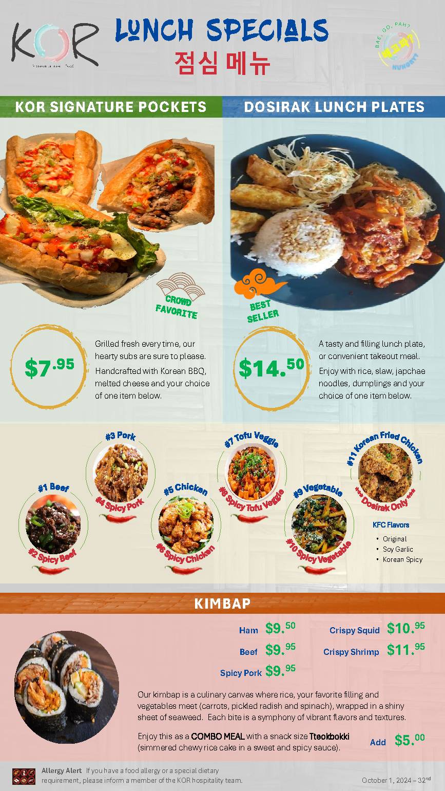 Menu at KOR Korean Street Food restaurant, Calgary, 32 Ave NE