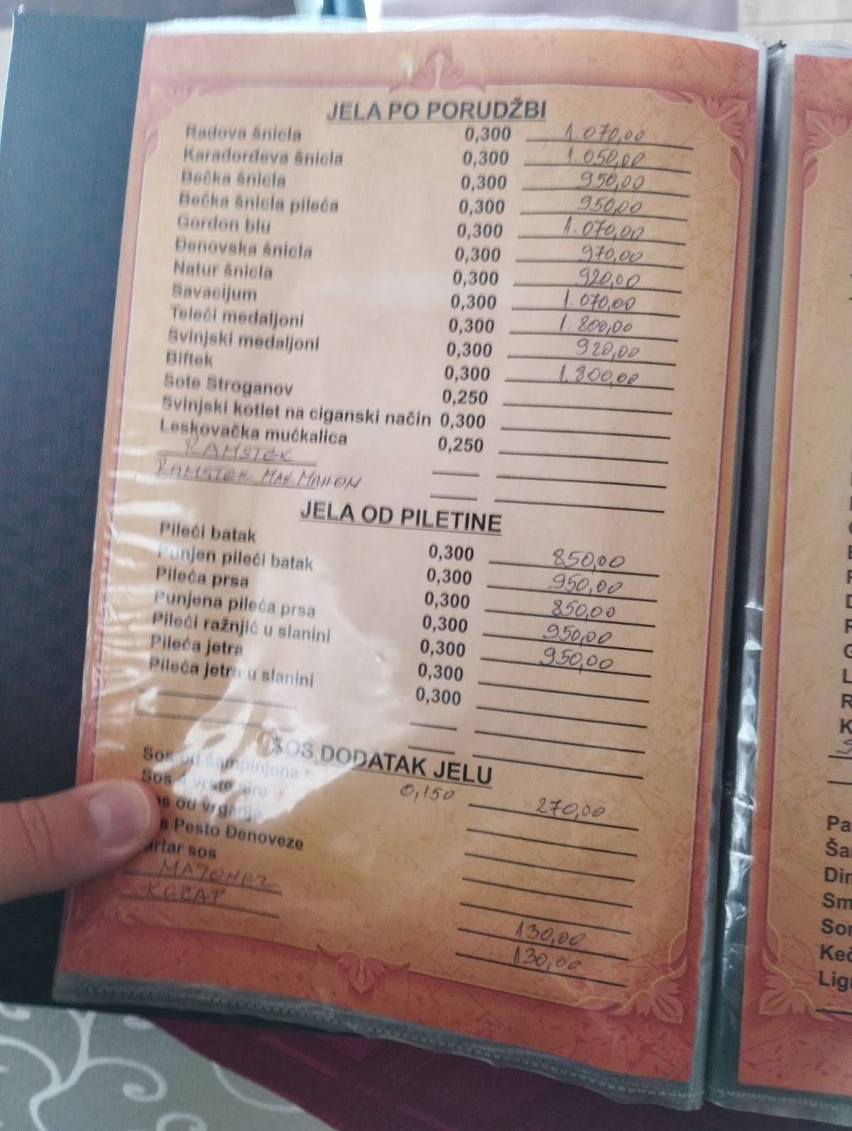 Menu at Kafana Kod Rada restaurant, Šabac
