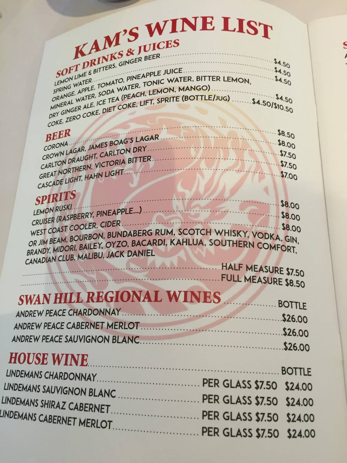 Menu at Kam's Chinese Restaurant, Swan Hill