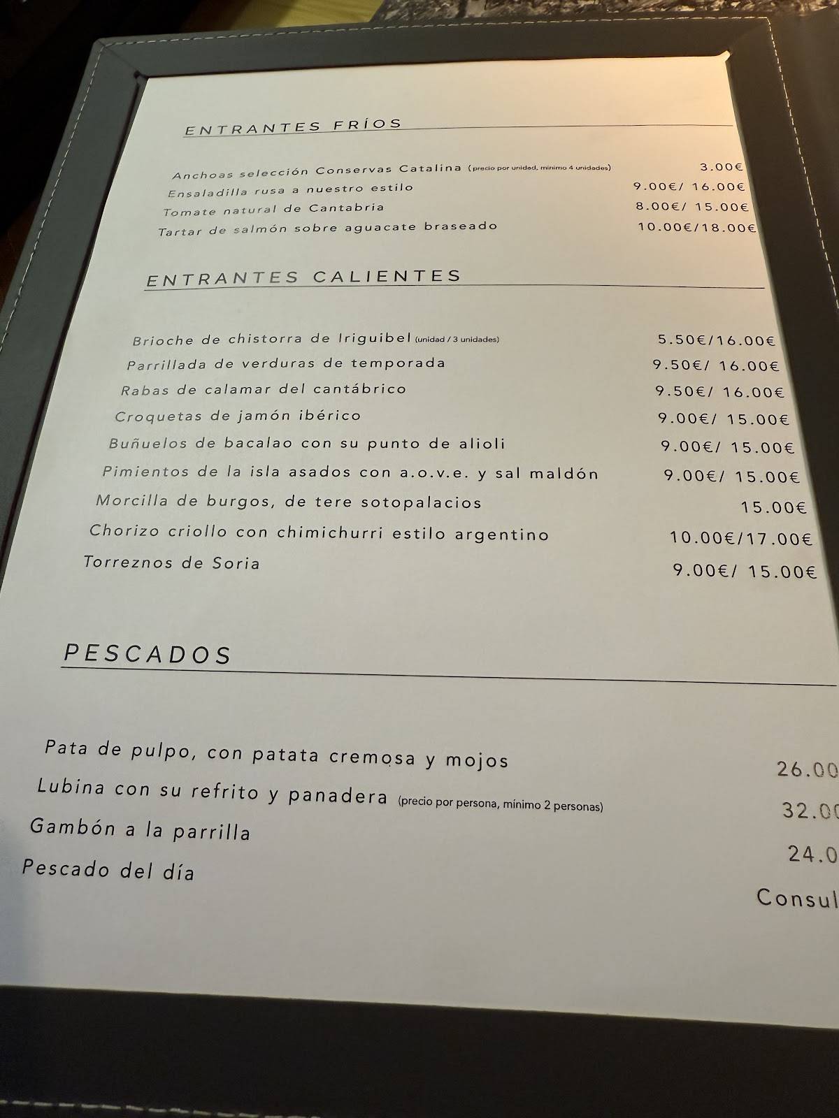 Carta de Kandela Restaurante, Santander