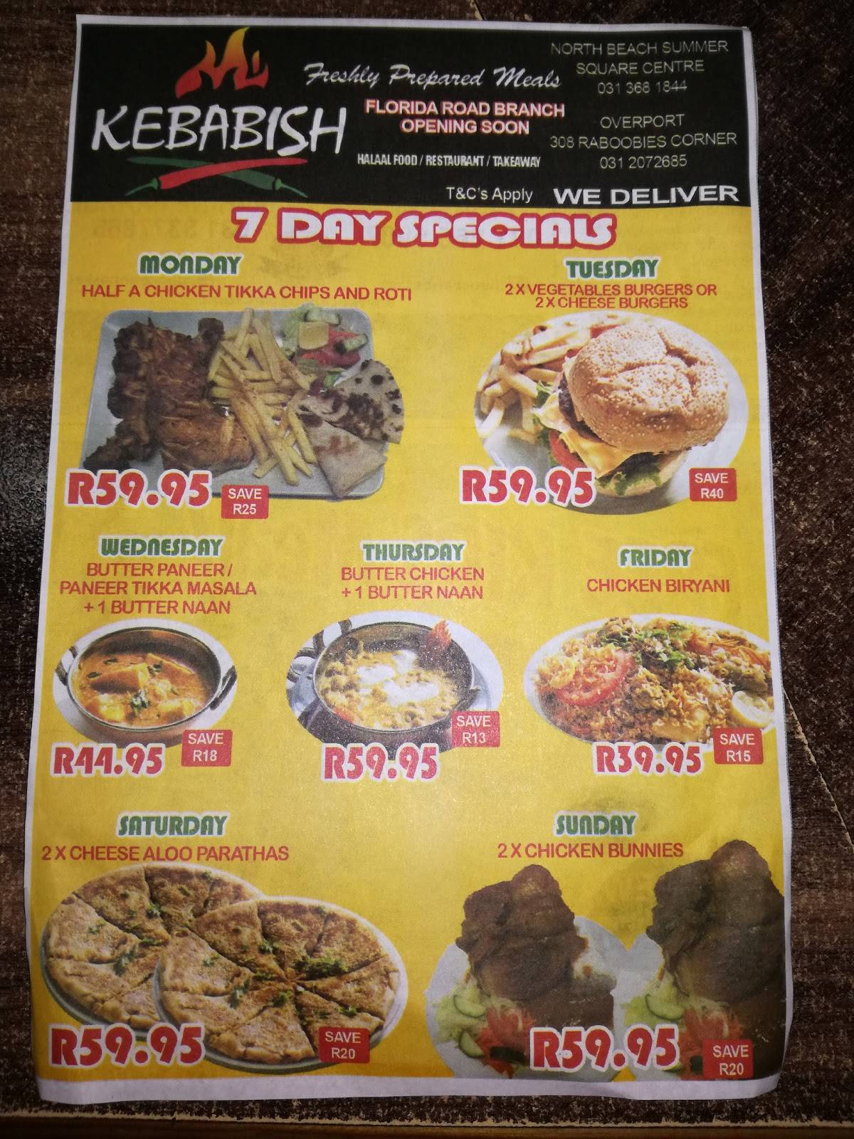 Menu at Kebabish North Beach restaurant, Durban, Shop 9