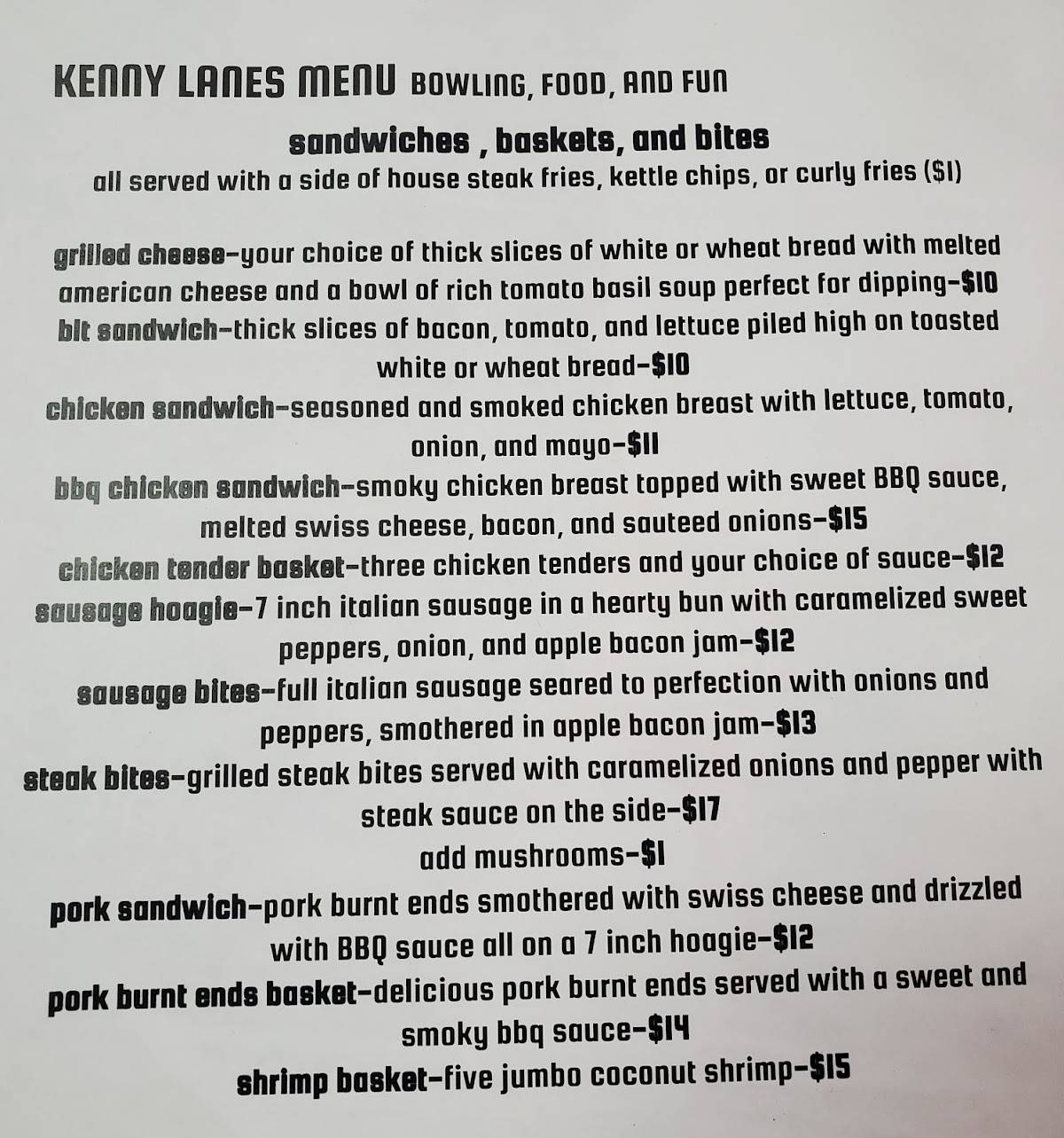 Menu at Kenny Lanes restaurant, Baudette