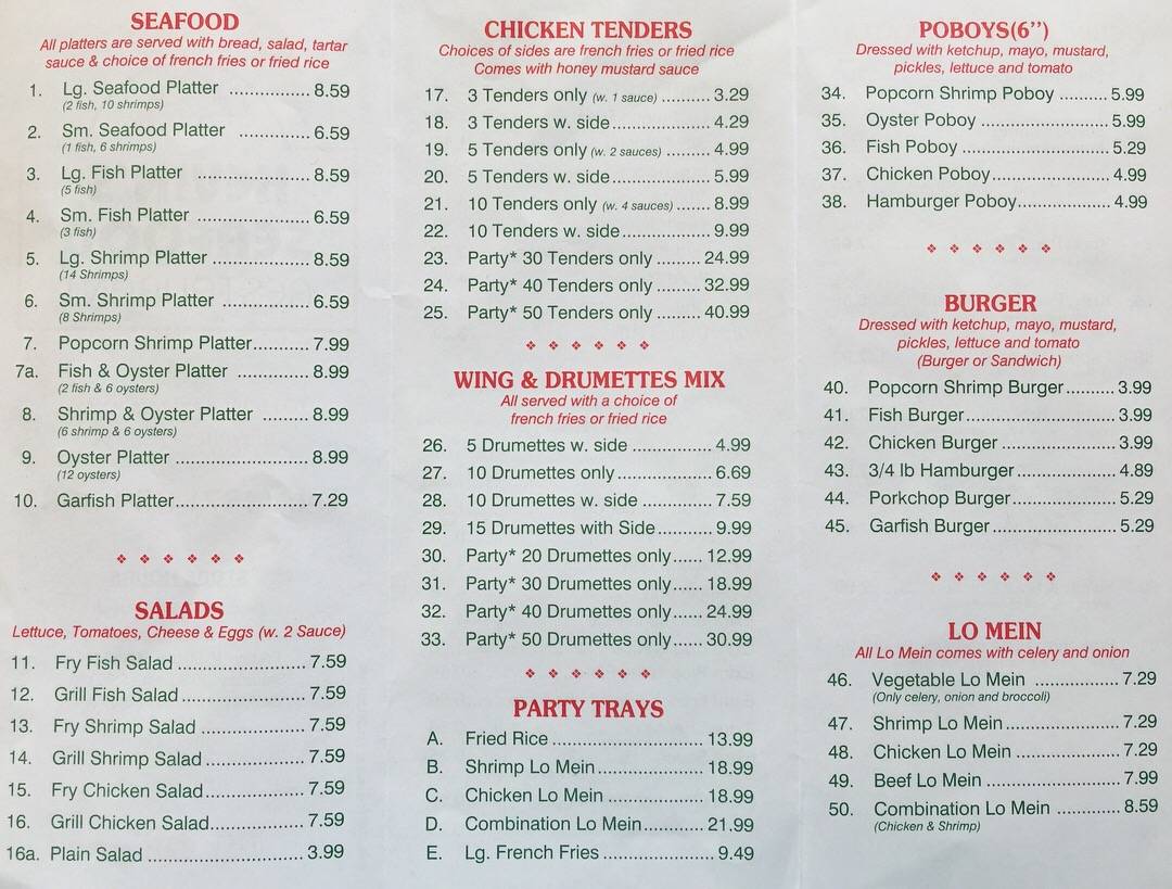 Menu at Kevin's Seafood restaurant, Lafayette