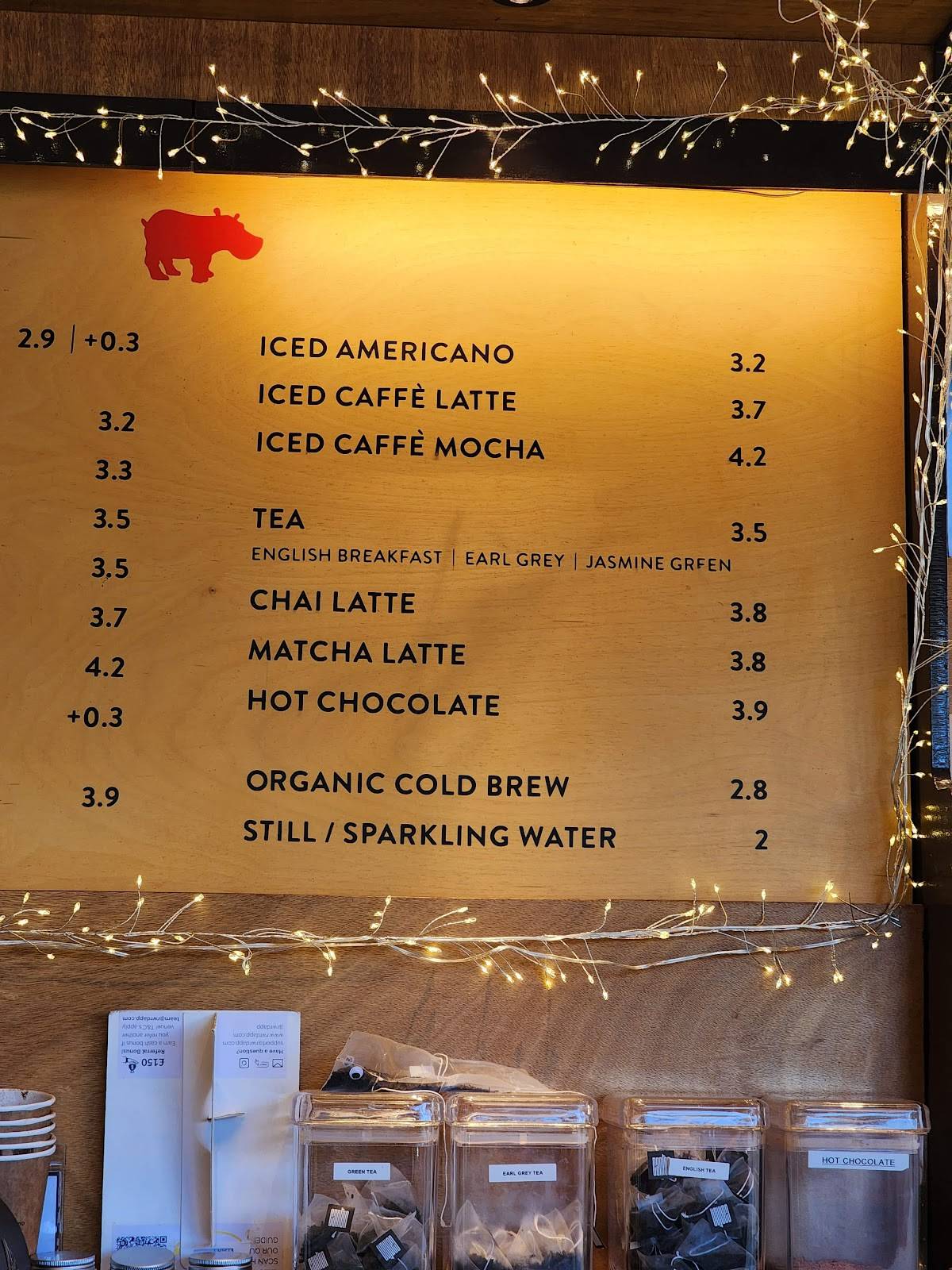 Carta del café Kiss the Hippo, Londres