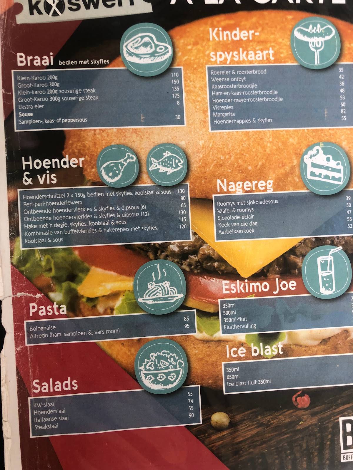 Menu at Koswerf @ATKV Buffelspoort restaurant, South Africa