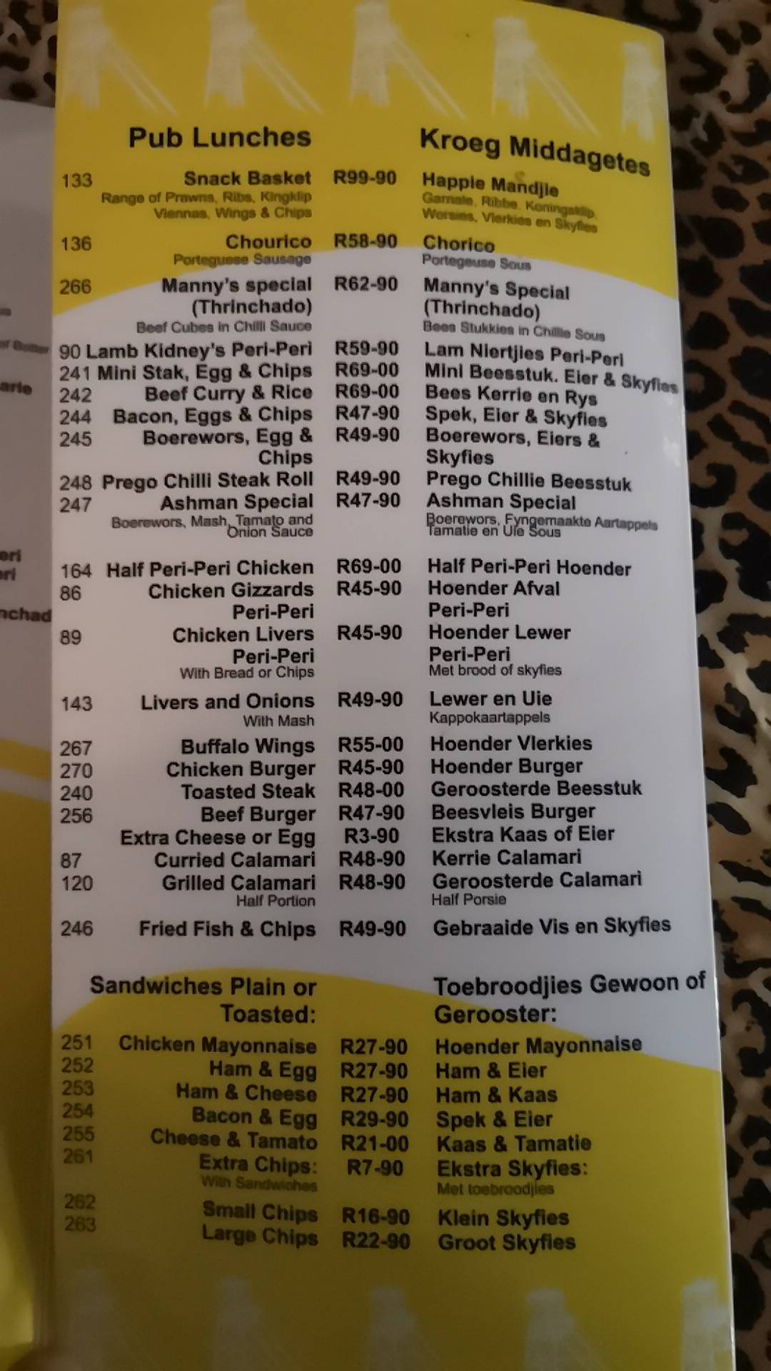 Menu at Kraalkop Hotel restaurant, Fochville