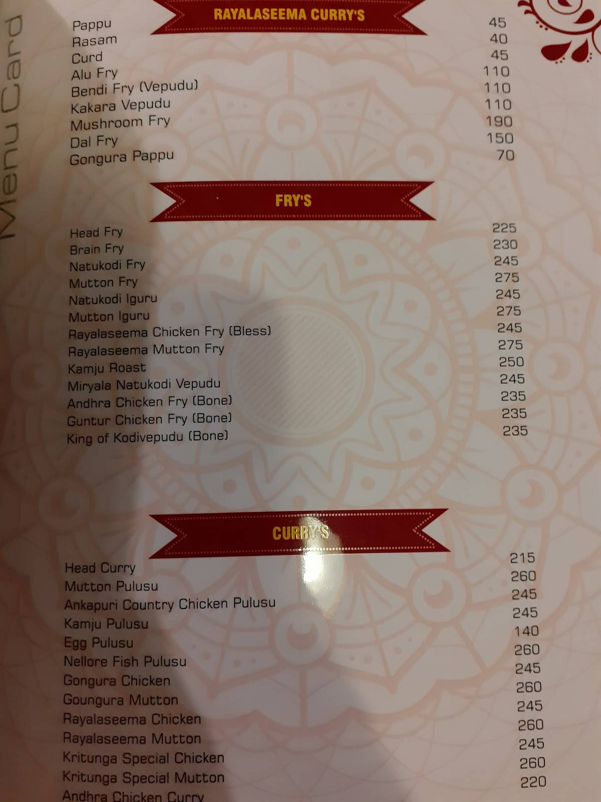 Menu at Kritunga restaurant, Hyderabad, PNR EMPIRE