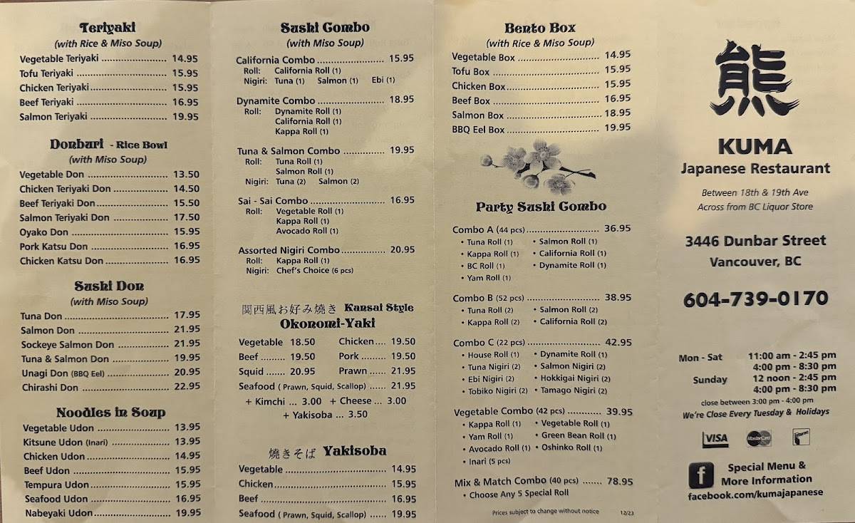 Menu at Kuma Japanese Restaurant, Vancouver