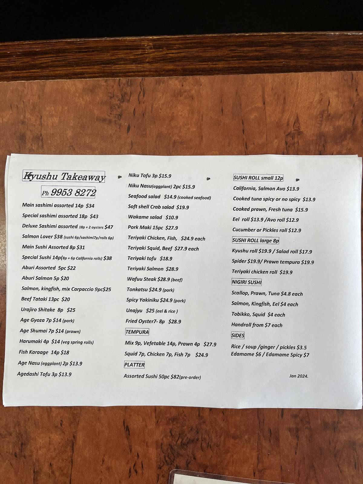 Menu at Kyushu Japanese Restaurant, Neutral Bay