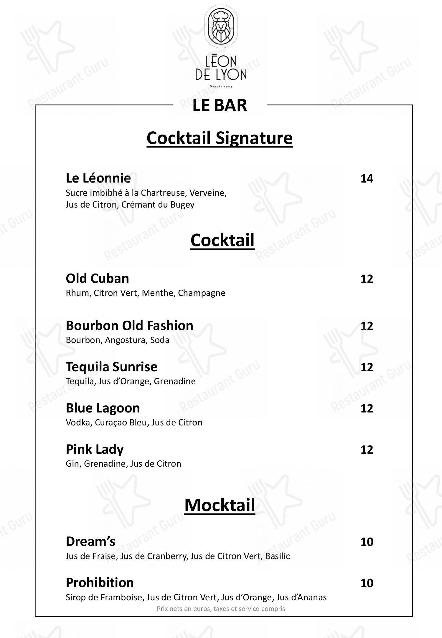 Menu au Léon de Lyon restaurant, Lyon, 1 Rue Pleney
