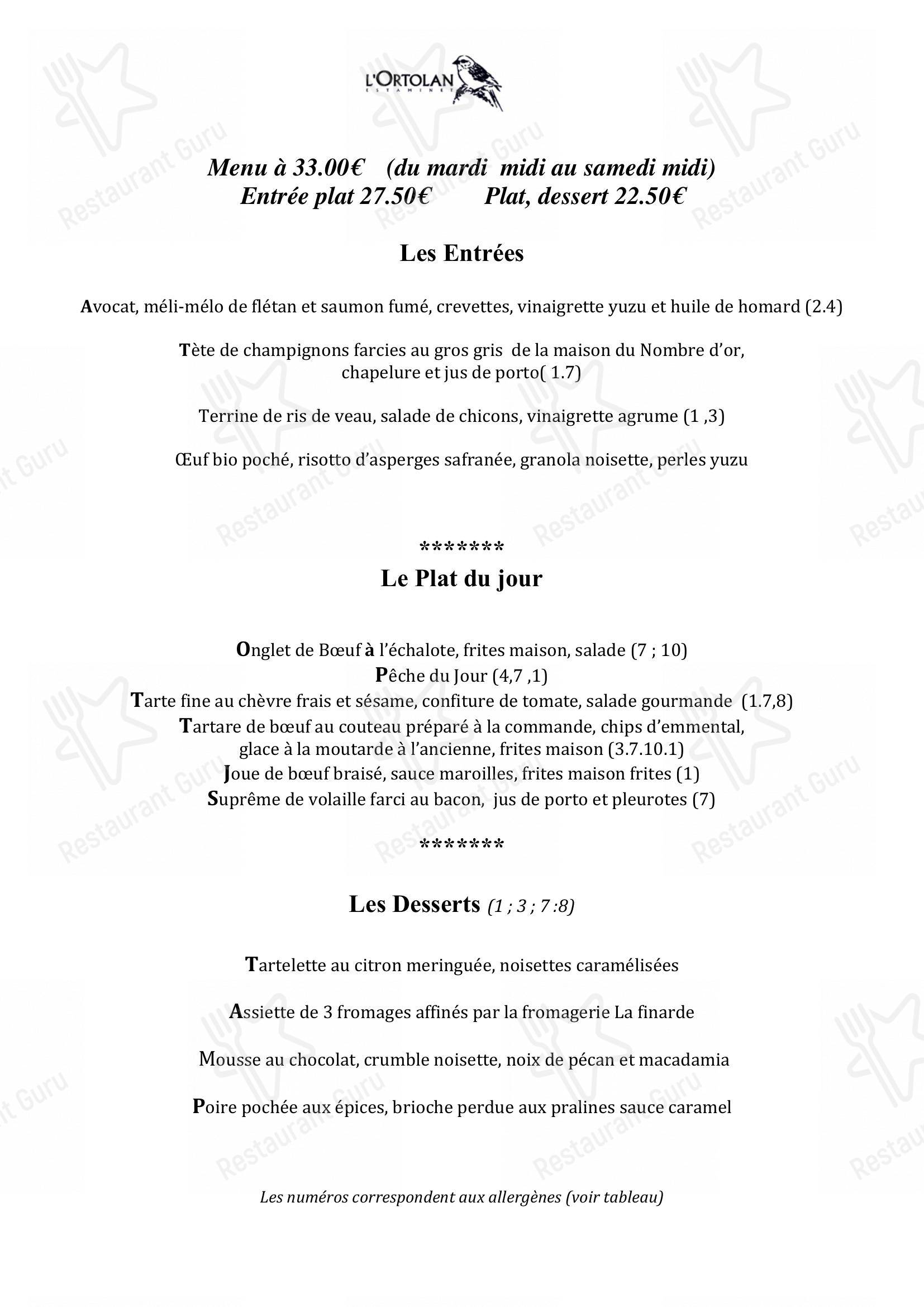 Menu au L'Ortolan restaurant, Fresnes-lès-Montauban, 17 Route Nationale 50
