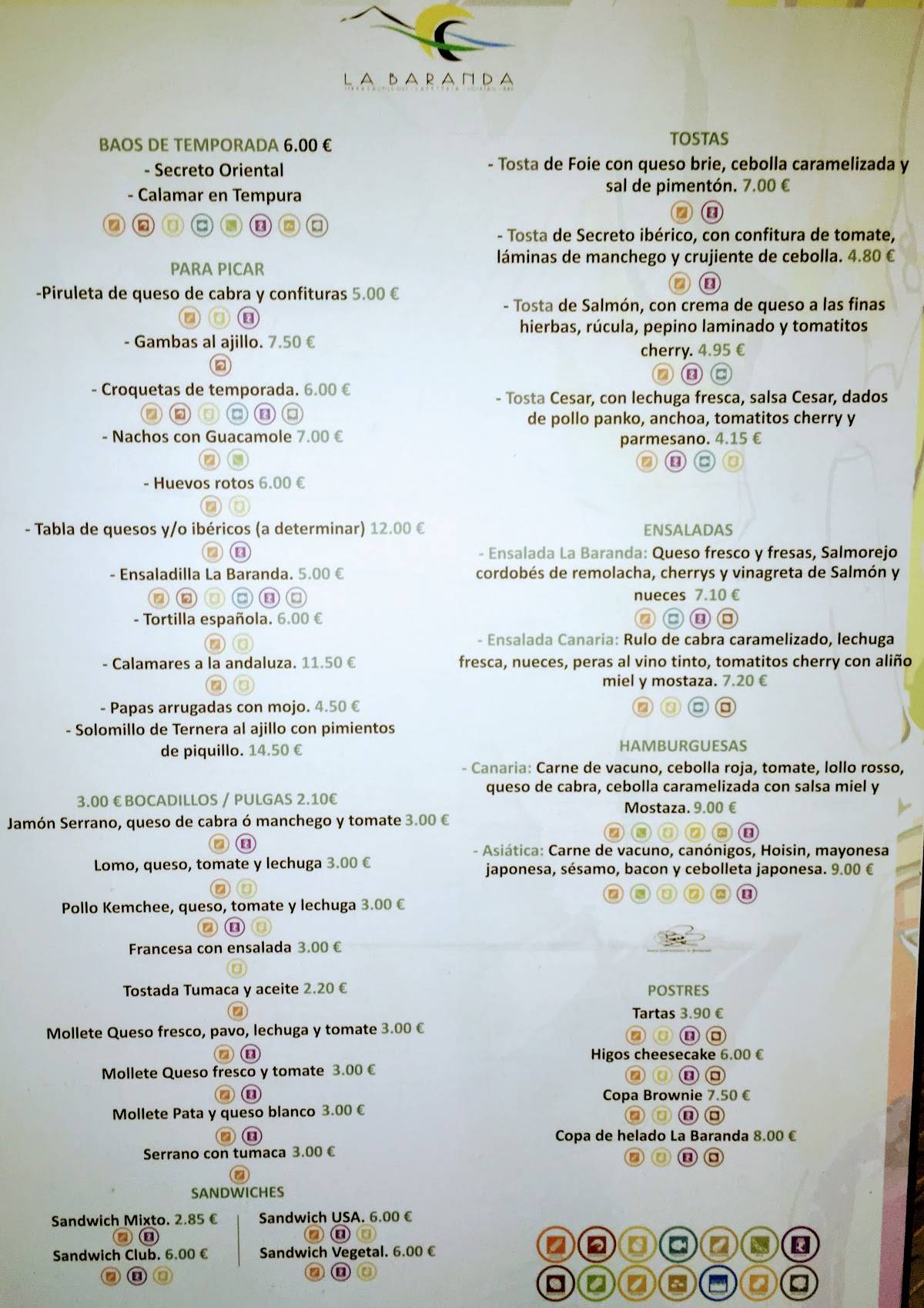 Carta de La Baranda Chill-Out, El Sauzal