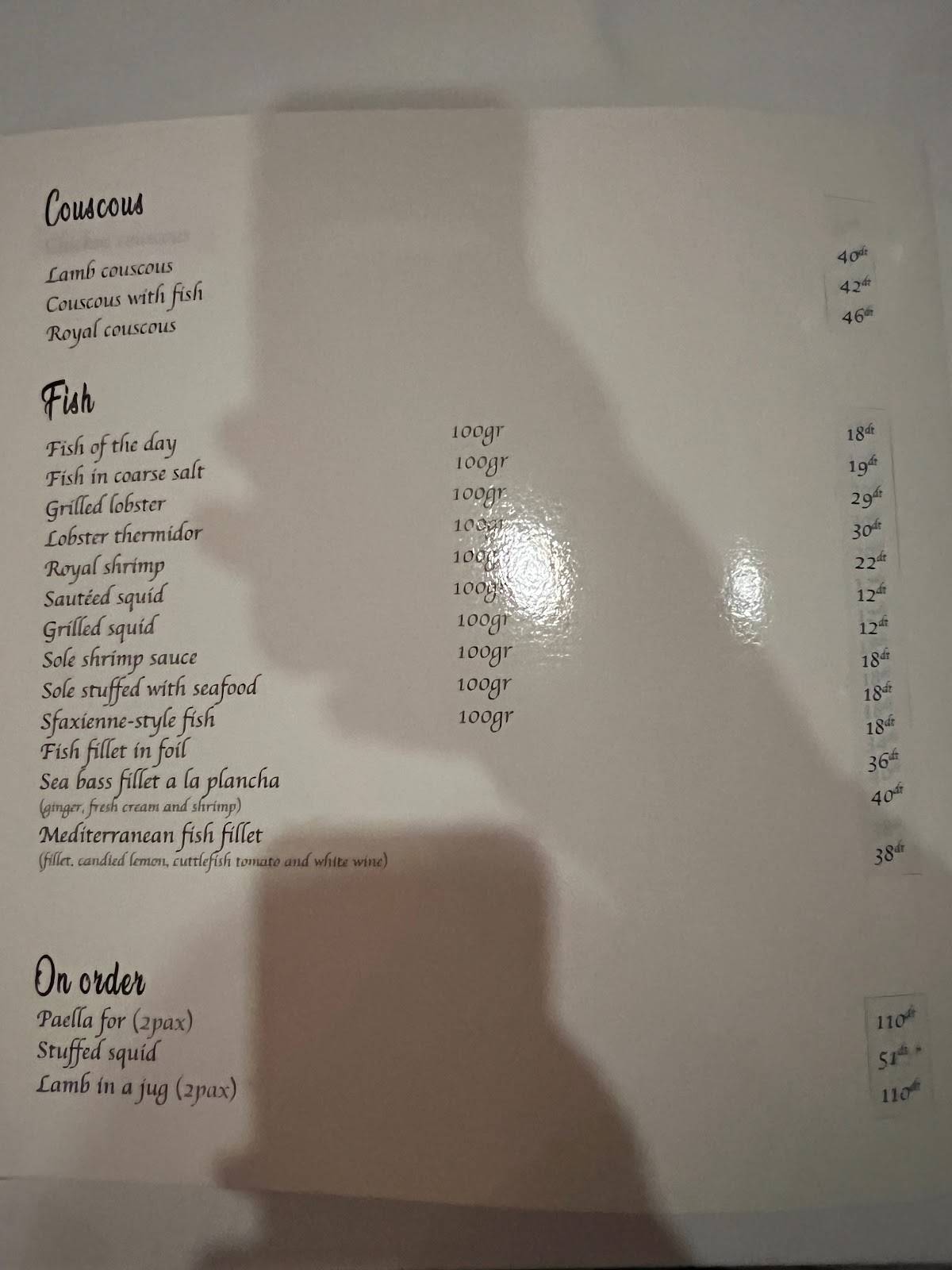 Menu at La Bella Marina restaurant, Hammamet Sud