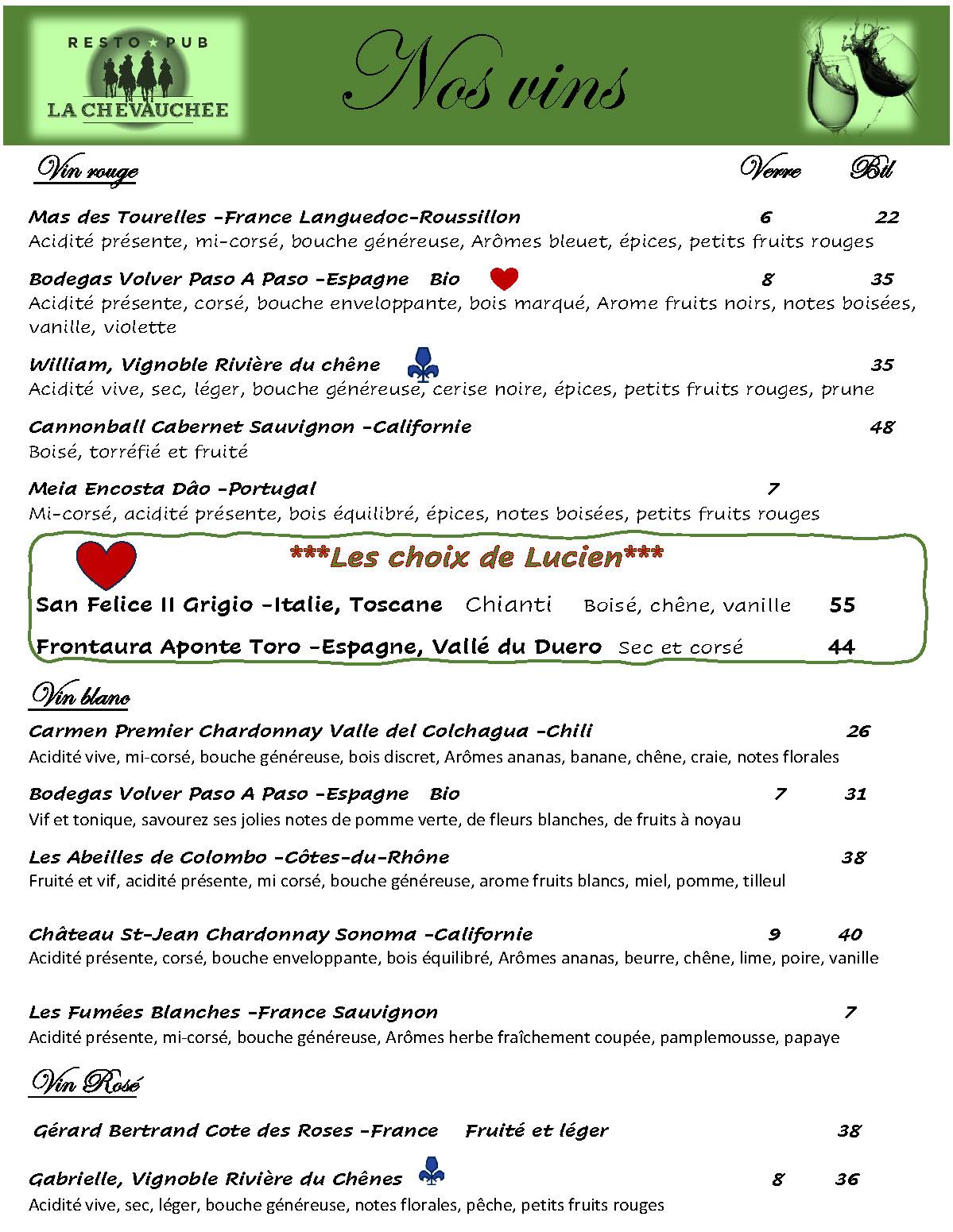 Menu au La Chevauchée Resto-Pub, Bécancour