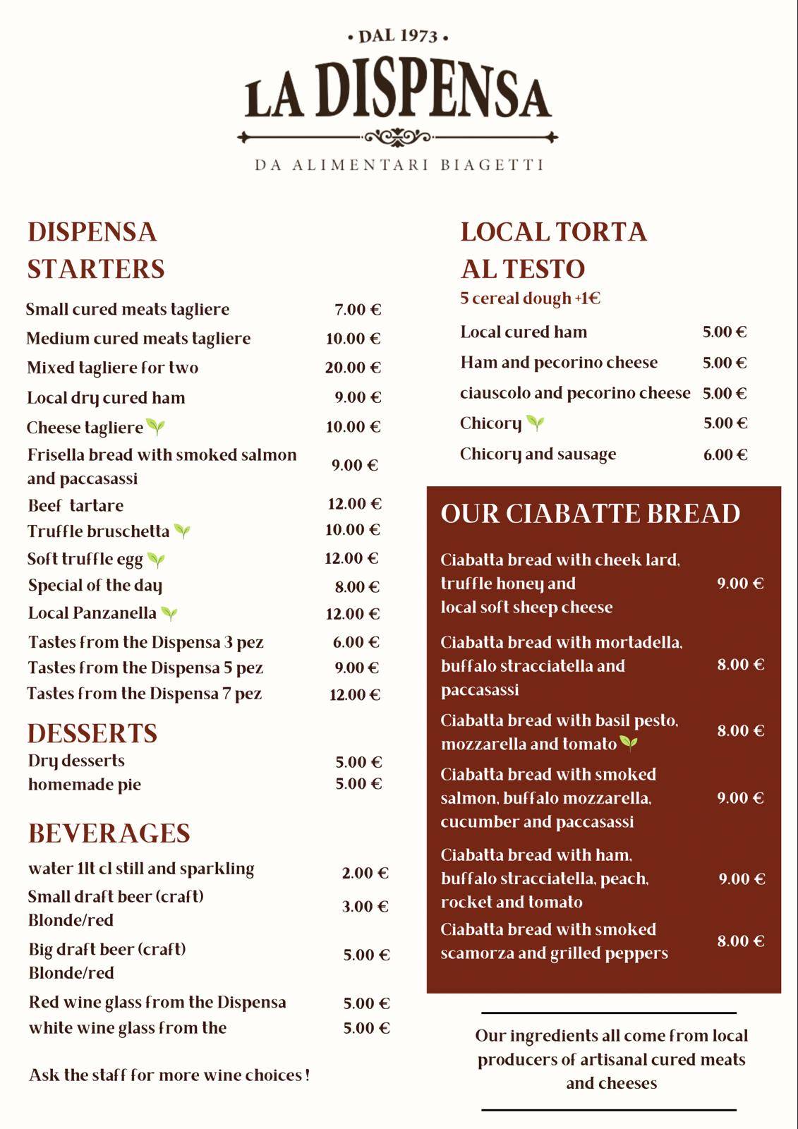 Speisekarte von La Dispensa Biagetti restaurant, Bevagna