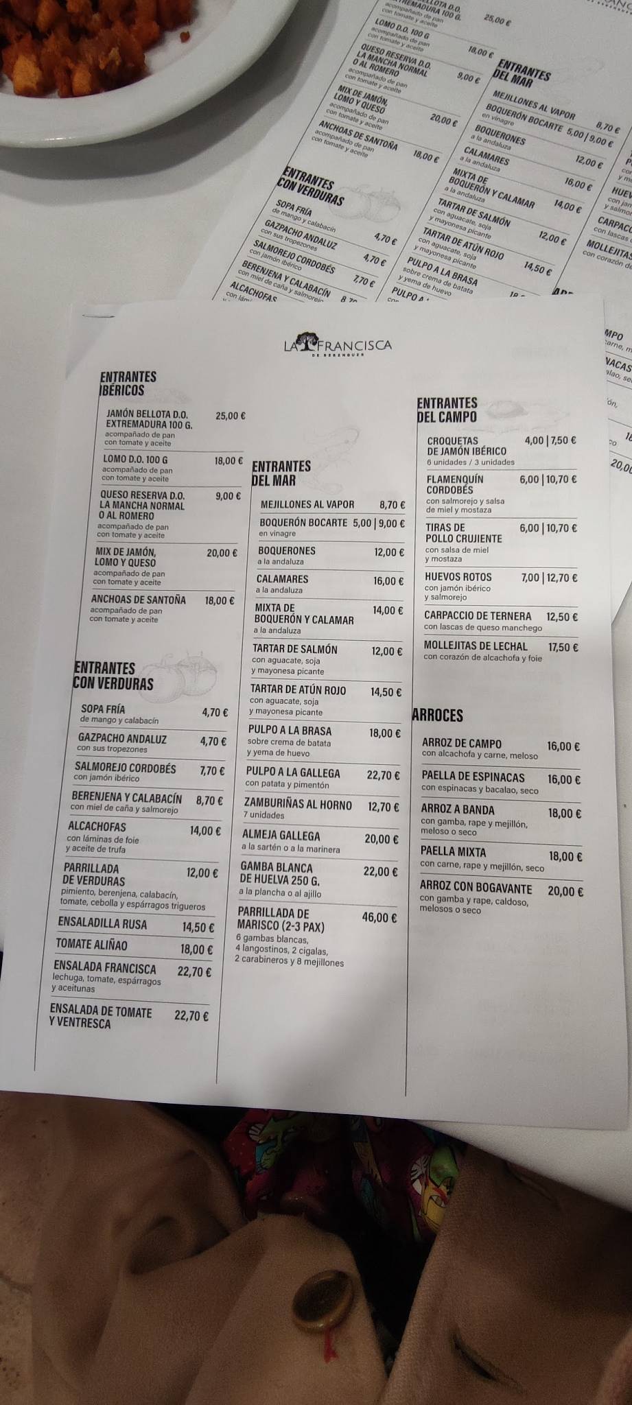 Carta de La Francisca Restaurante, Madrid