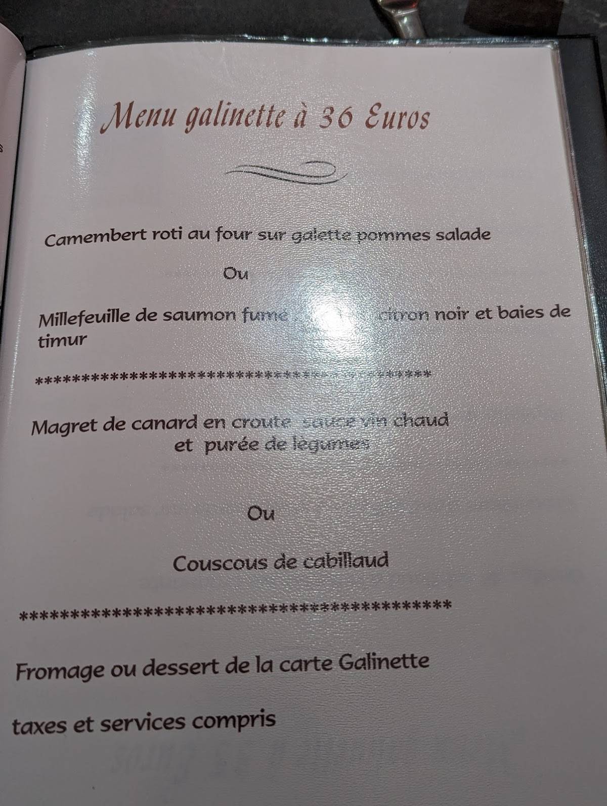 Carta del restaurante La Galinette, Reims