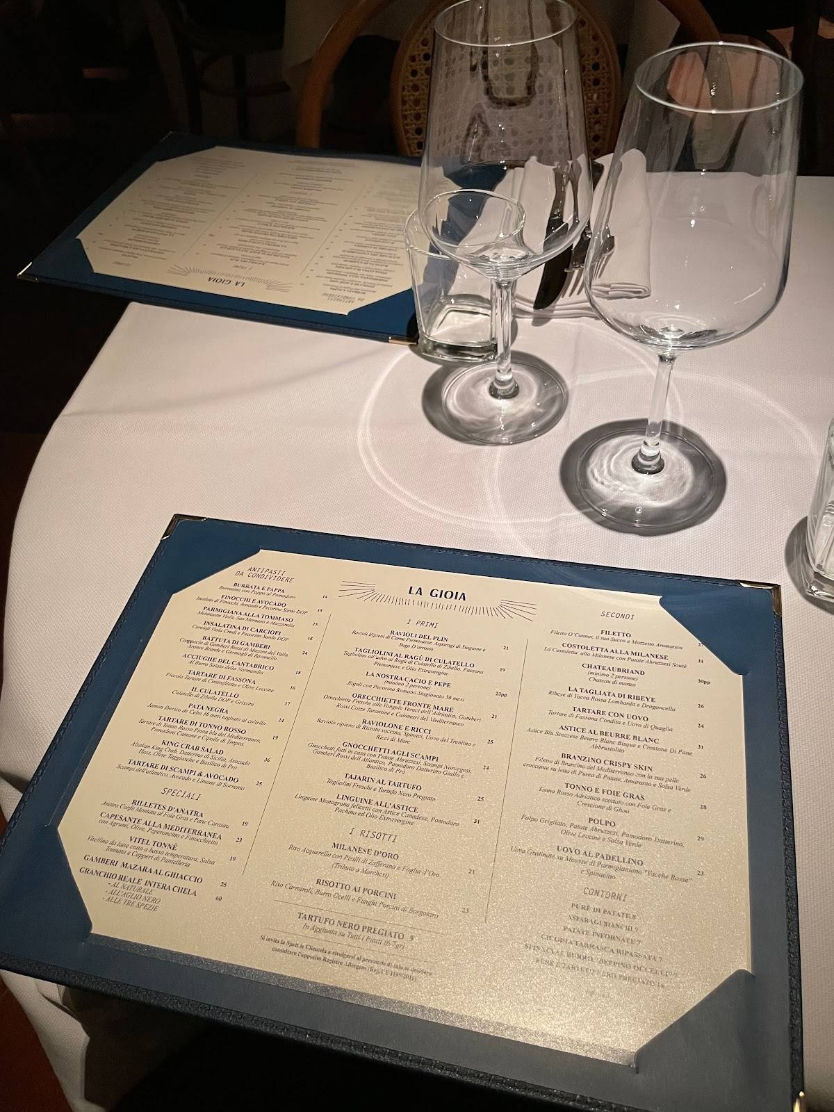 Menu da La Gioia ristorante, Milano