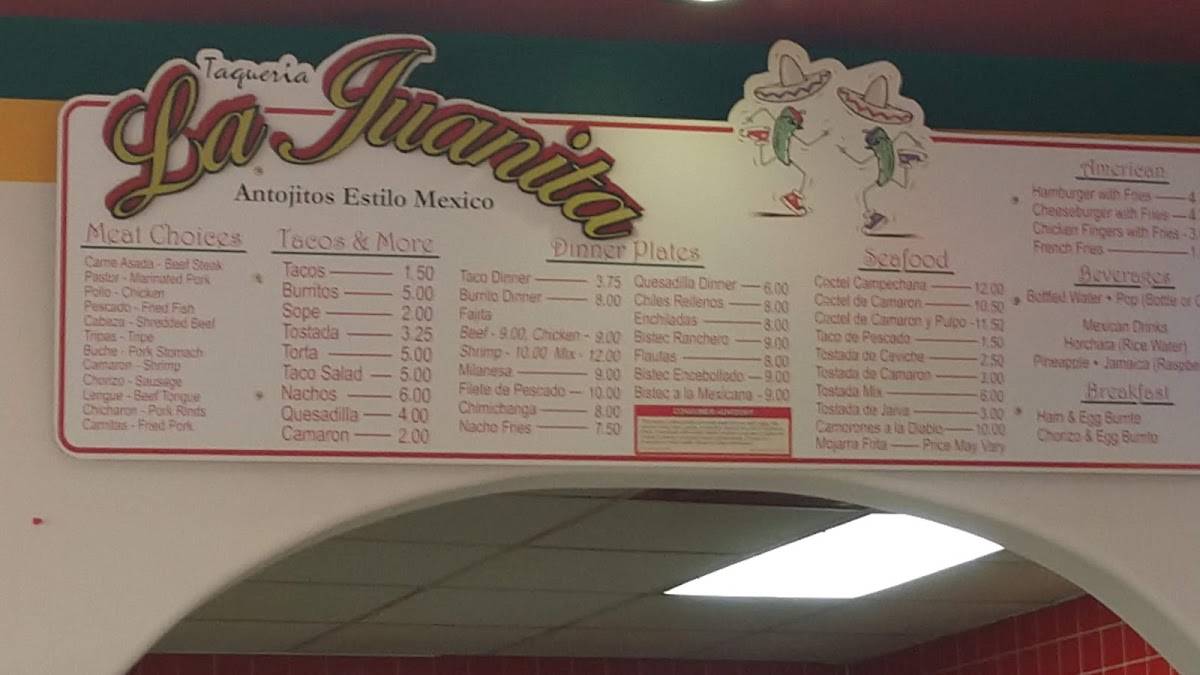 Menu at La Juanita restaurant, Sioux City, Pierce St