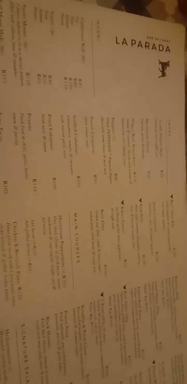 Menu at La Parada Umhlanga restaurant, Durban