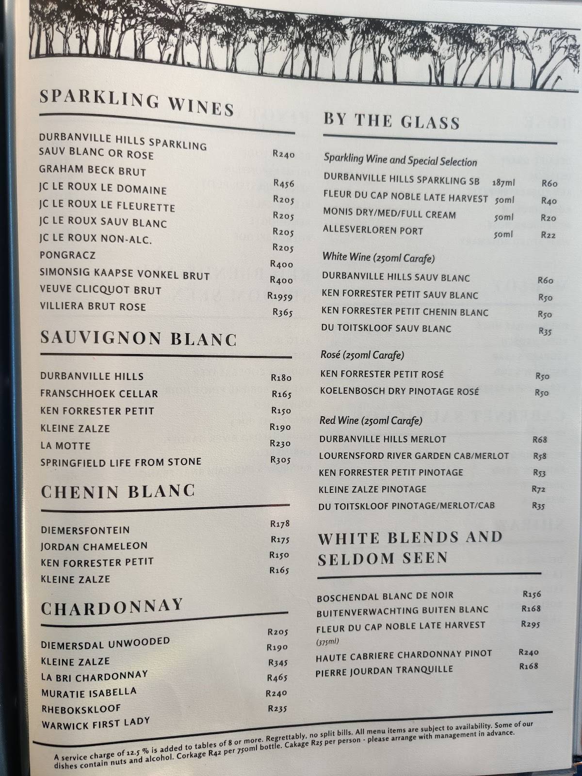Menu at La Pineta restaurant, Stellenbosch, R44