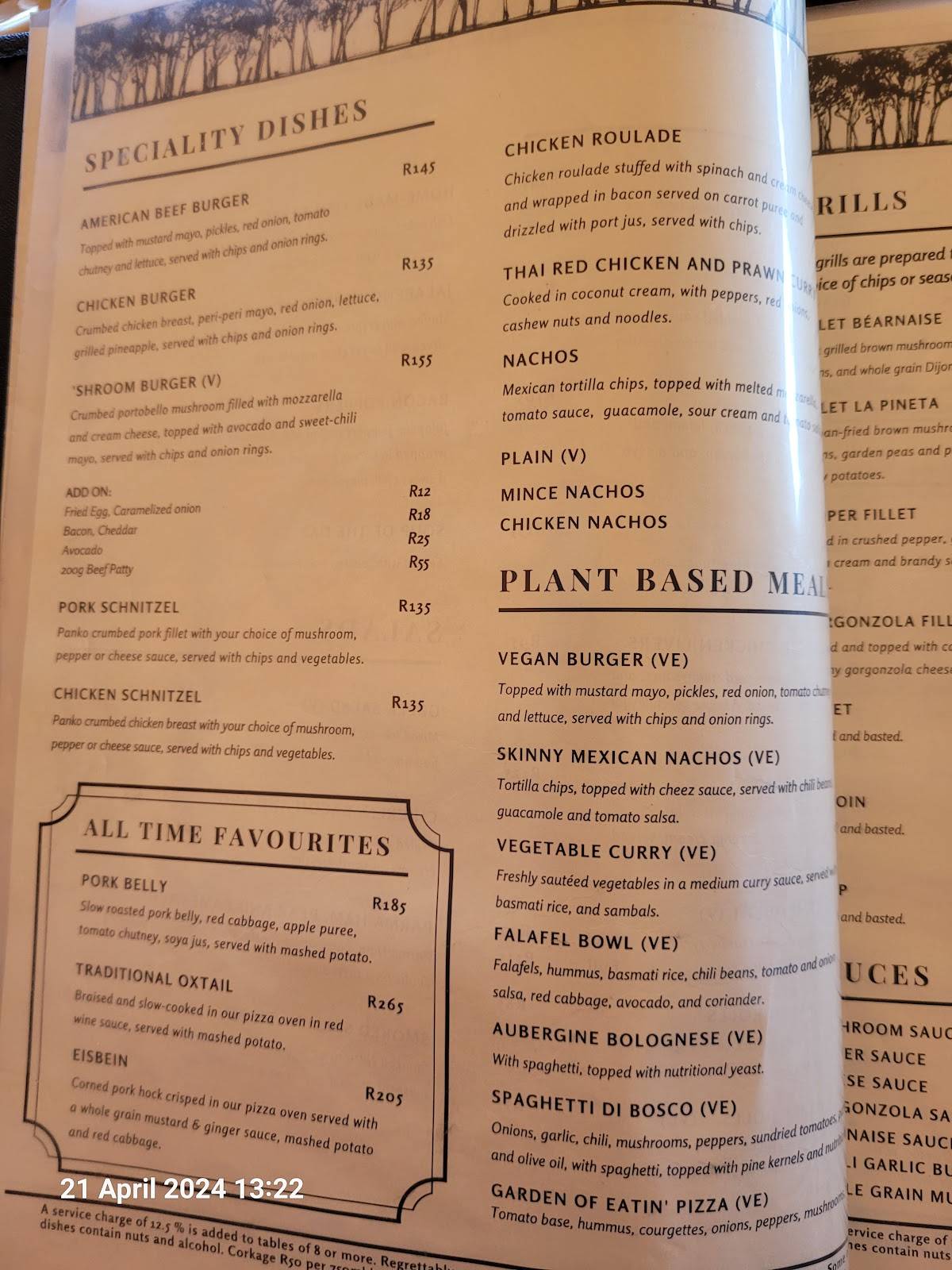 Menu at La Pineta restaurant, Stellenbosch, R44