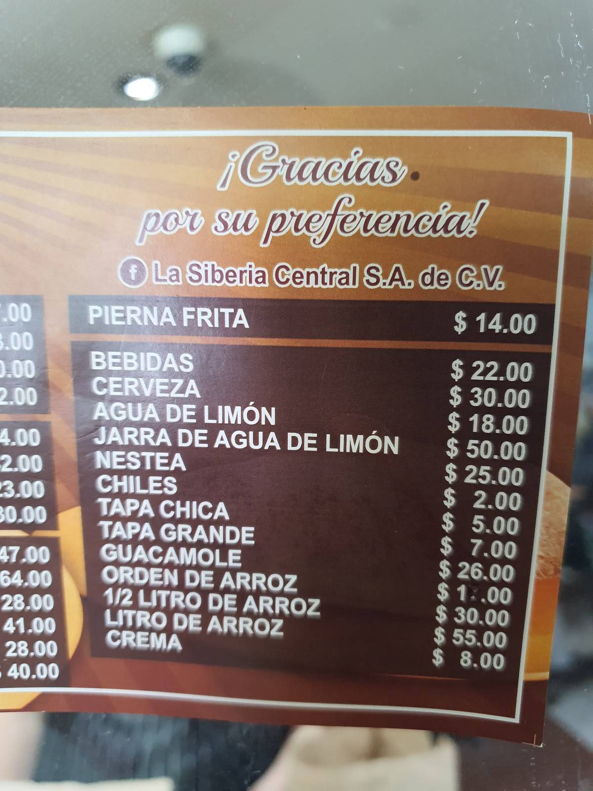 Carta del restaurante La Siberia Central, Monterrey, Av Rodrigo Gómez 623