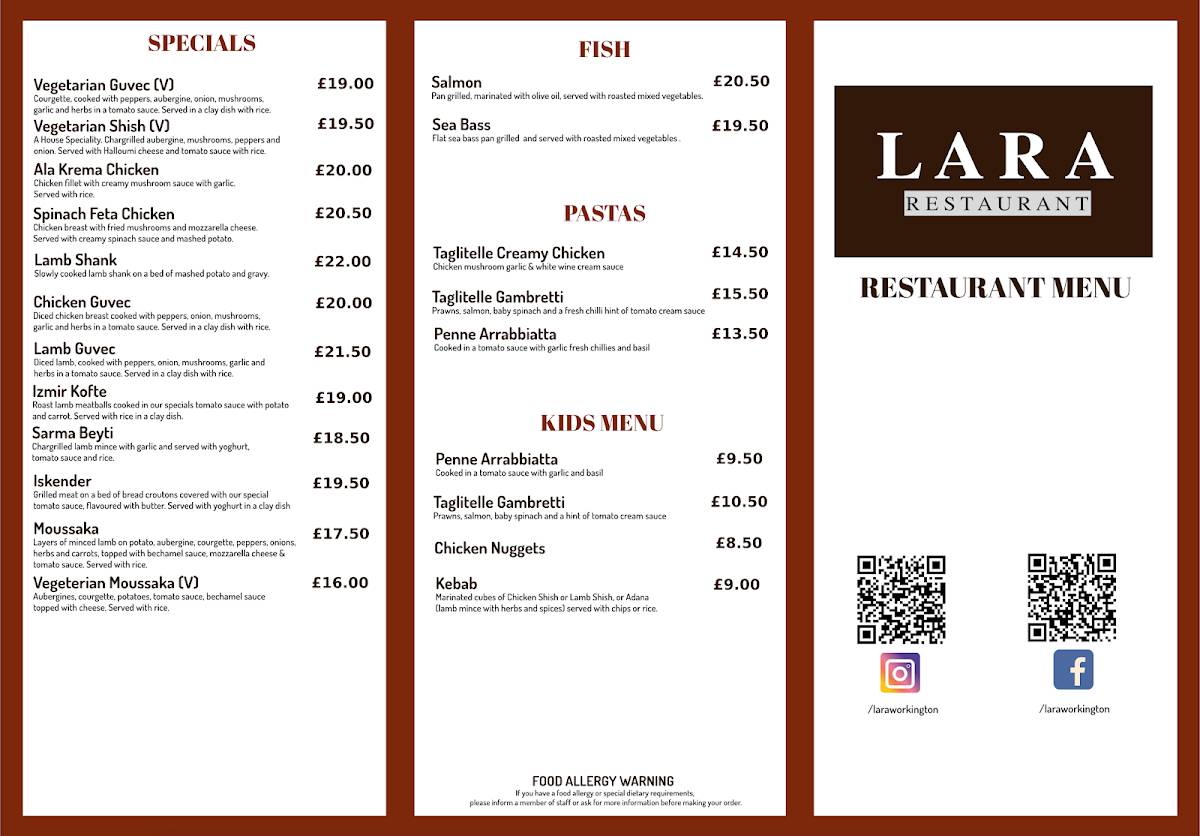 Menu at Lara Restaurant and Bar, Workington