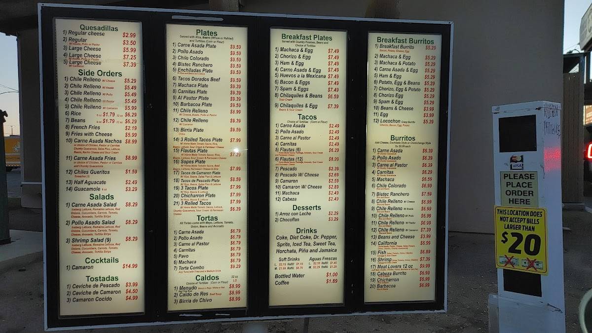 Menu at Las Palmitas Taco Shop restaurant, El Centro, S 4th St