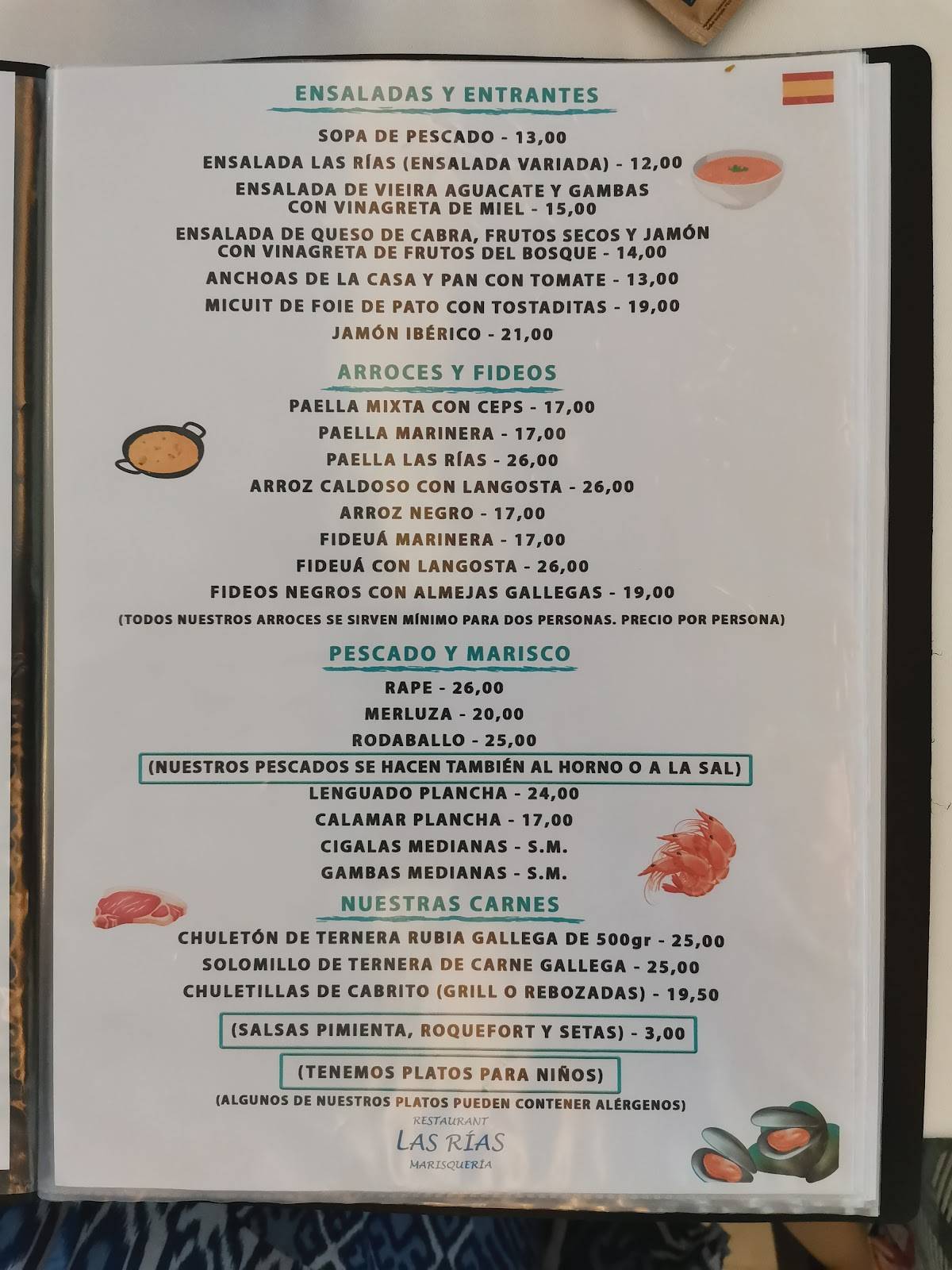 Carta del restaurante Marisquería Las Rías, Tossa del Mar