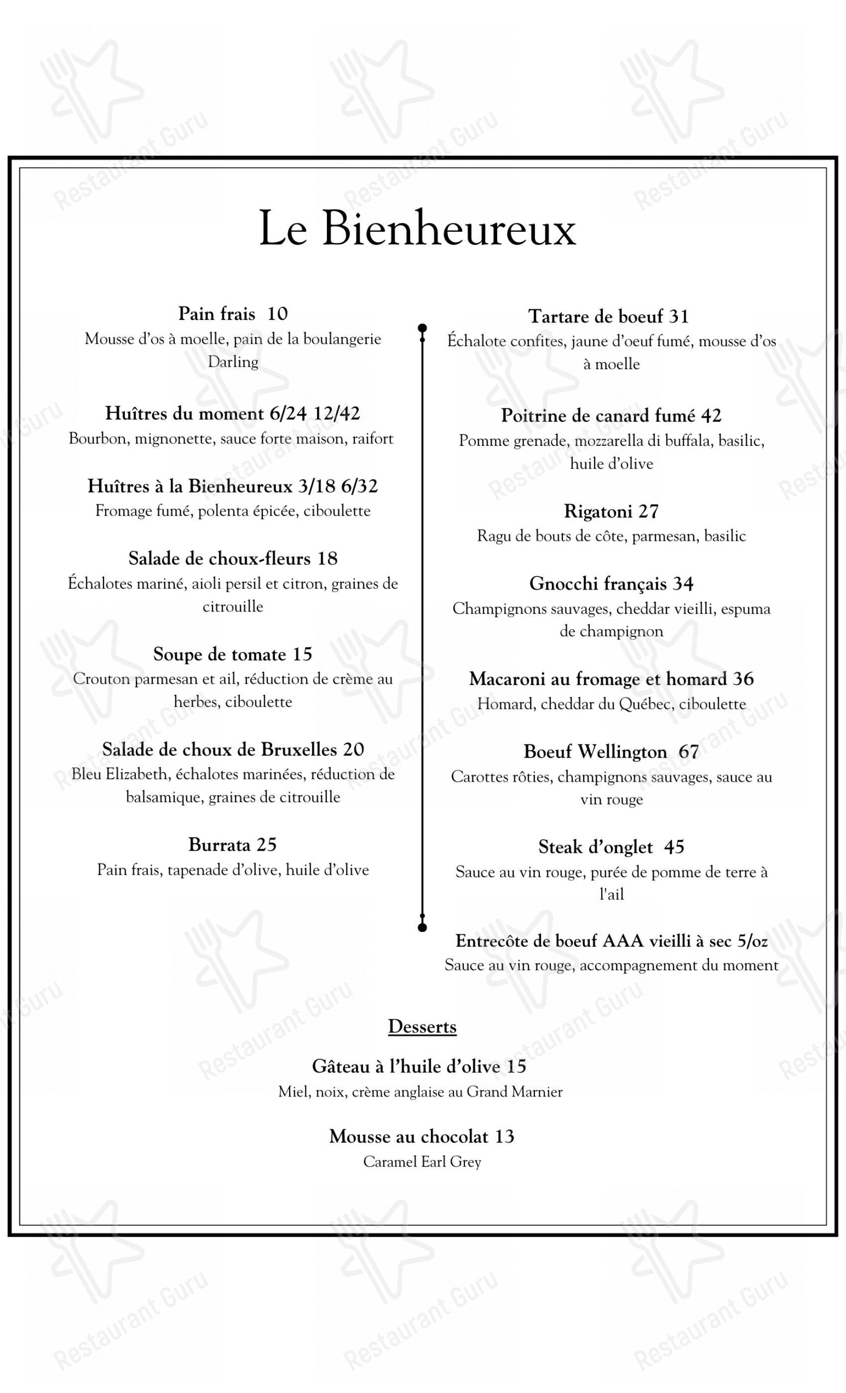 Menu au Restaurant Le Bienheureux, Sainte-Anne-de-Bellevue