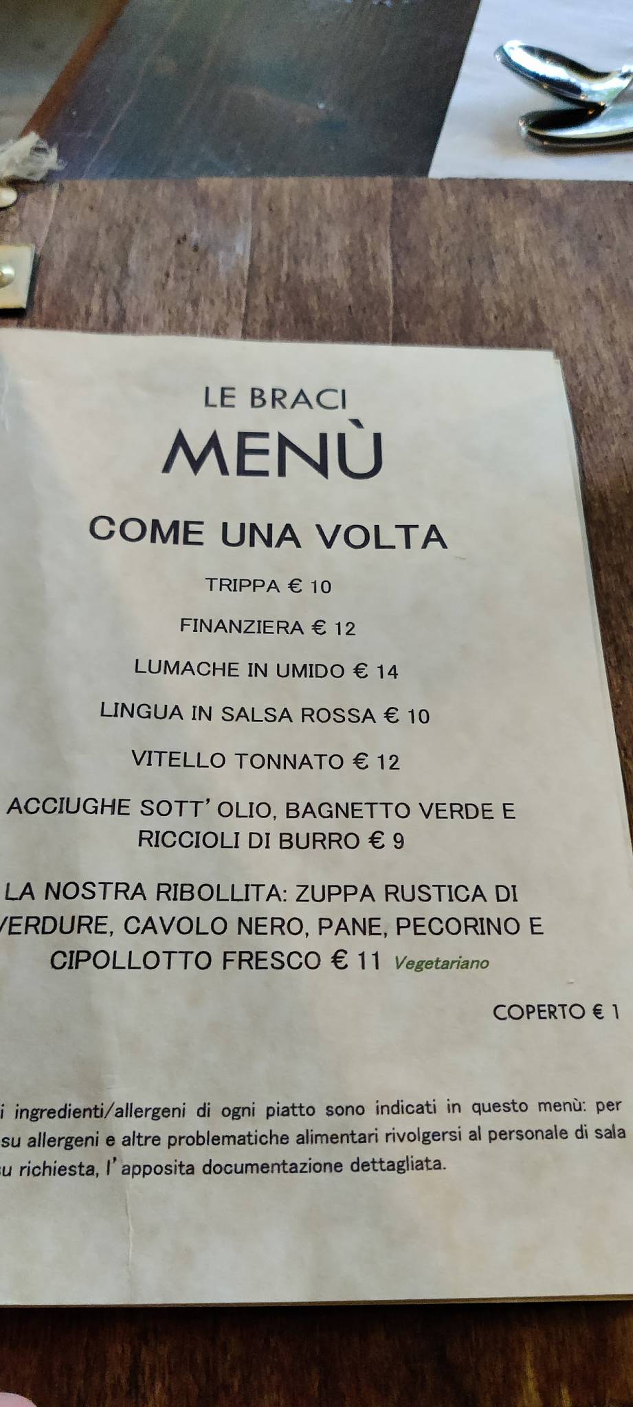 Menu at Le Braci restaurant, Bozzole, Via Carlo Noè