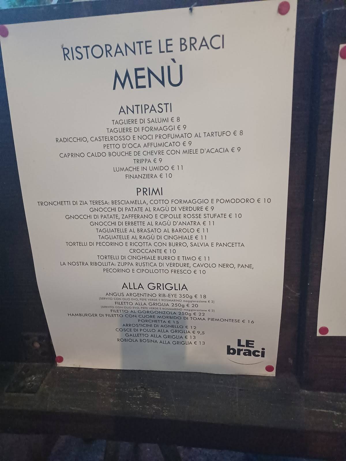 Menu da Le Braci ristorante, Bozzole, Via Carlo Noè 34