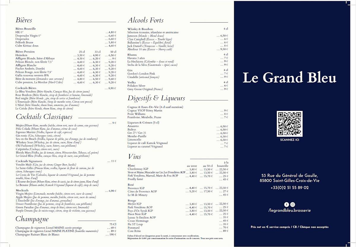 Menu au Le Grand Bleu restaurant, Saint-Gilles-Croix-de-Vie, 53 Rue du ...
